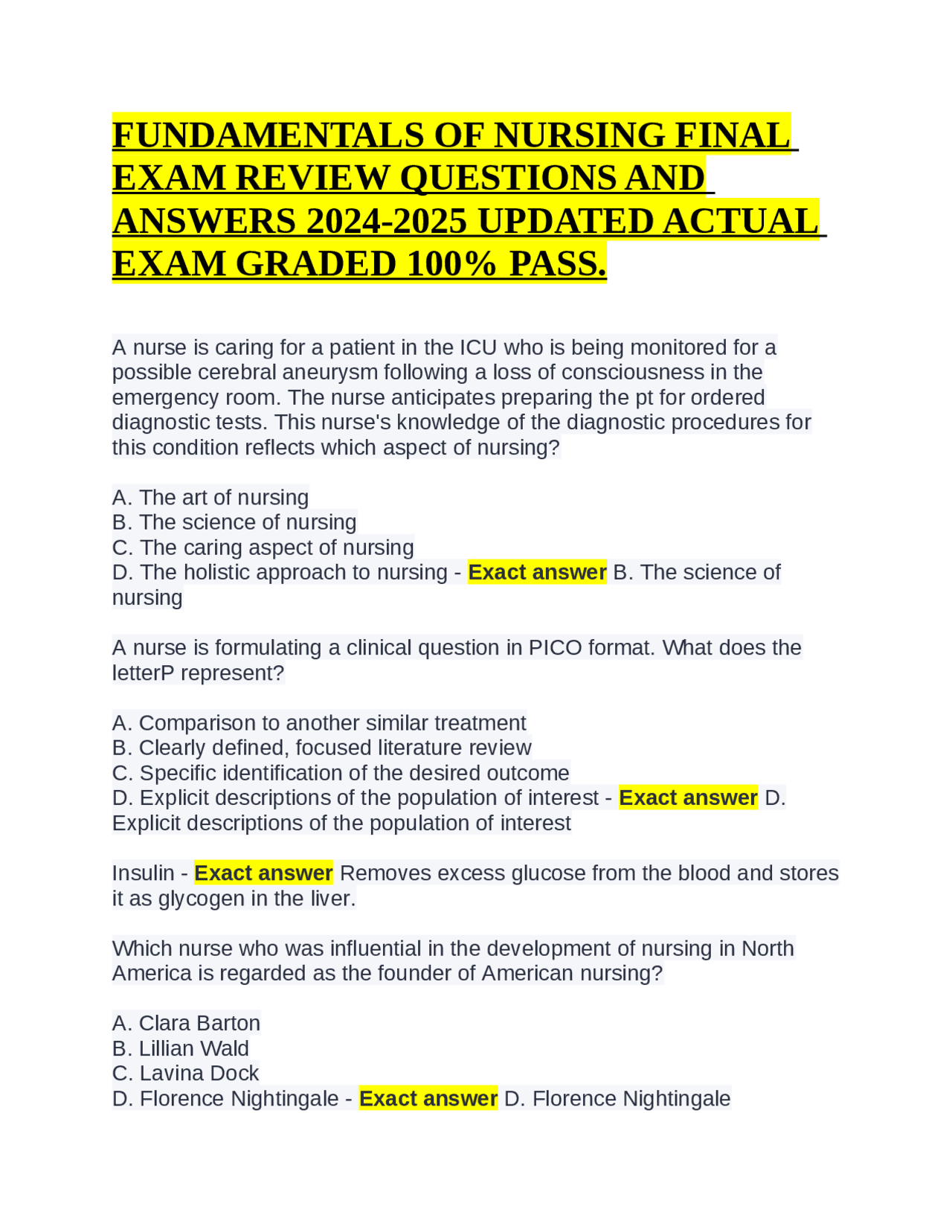FUNDAMENTALS OF NURSING FINAL EXAM REVIEW QUESTIONS AND ANSWERS 2024-2025 UPDATED ACTUAL E ...