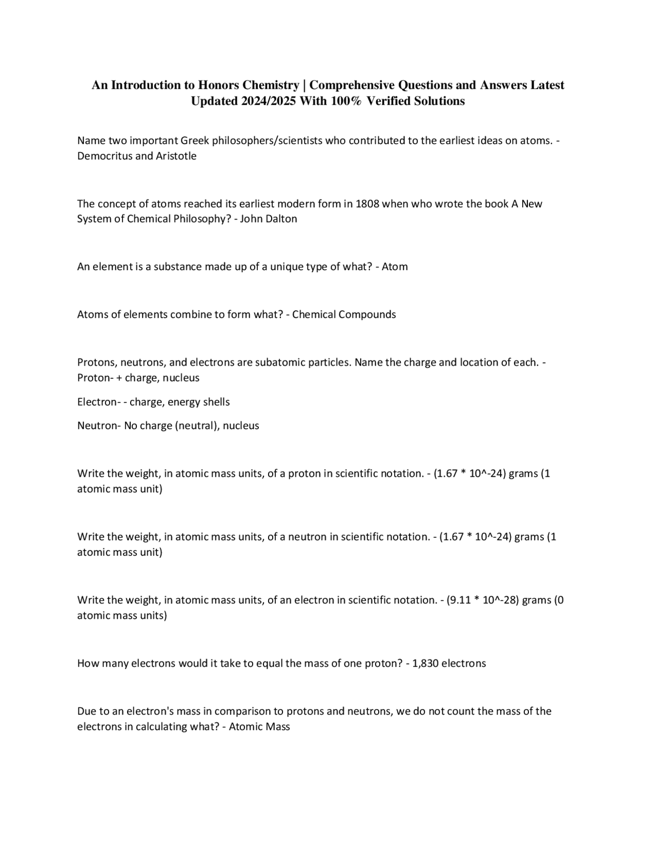 Introduction to Honors Chemistry: Comprehensive Questions and Answers ...