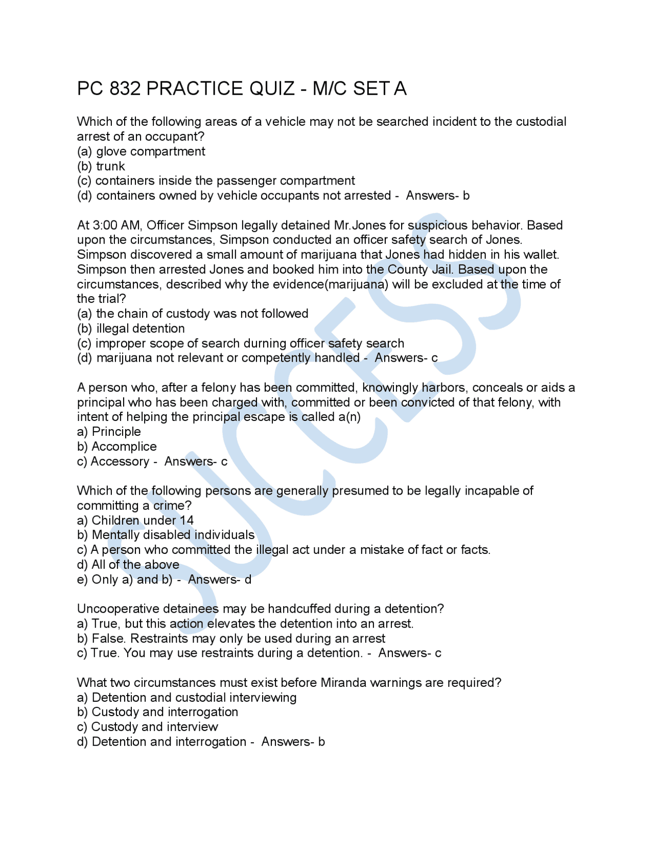 PC 832 Practice Quiz - M/C Set A: Law Enforcement Scenarios and ...