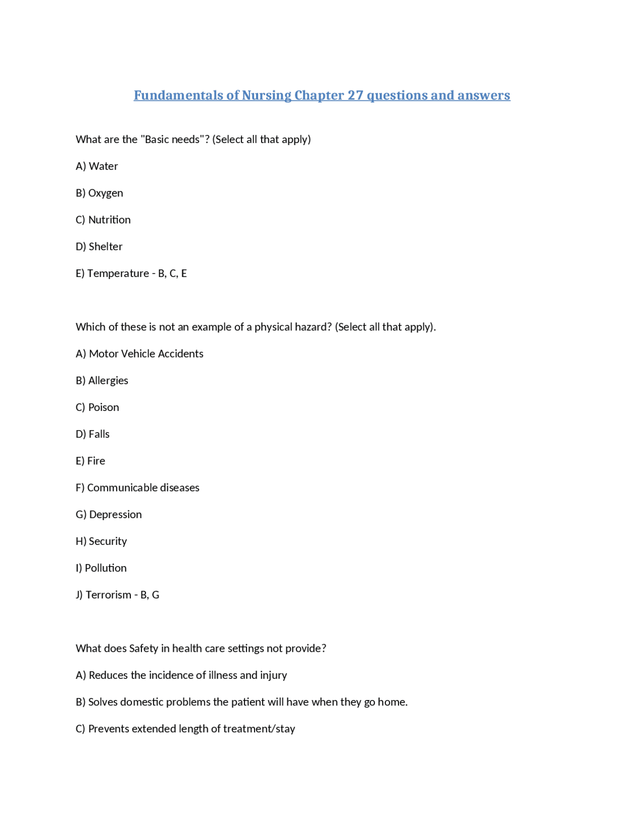 Fundamentals of Nursing: Safety and Security Quiz | Exams Nursing | Docsity