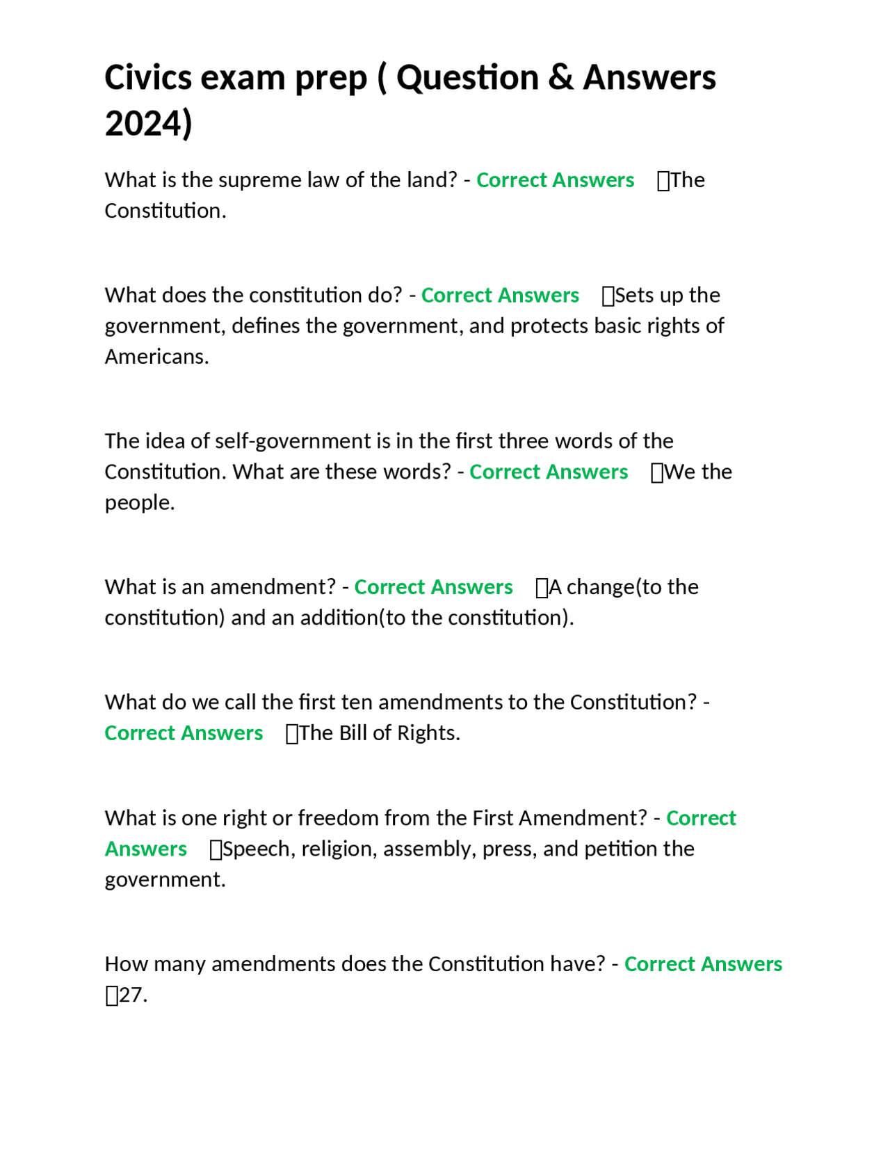 US Civics Exam Prep: Questions and Answers 2024 | Exams Nursing | Docsity