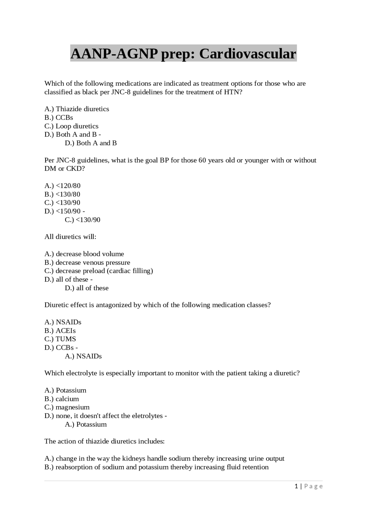 Cardiovascular Medications: AANP-AGNP Prep | Exams Nursing | Docsity