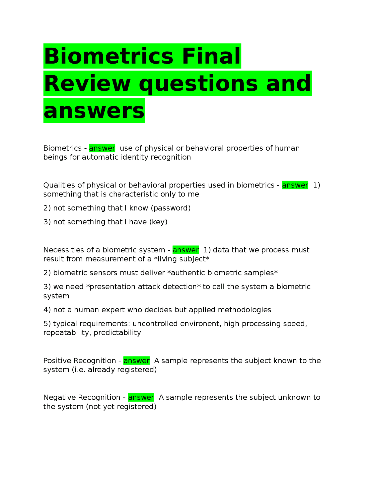 Biometrics Final Review Questions and Answers | Exams Biology | Docsity