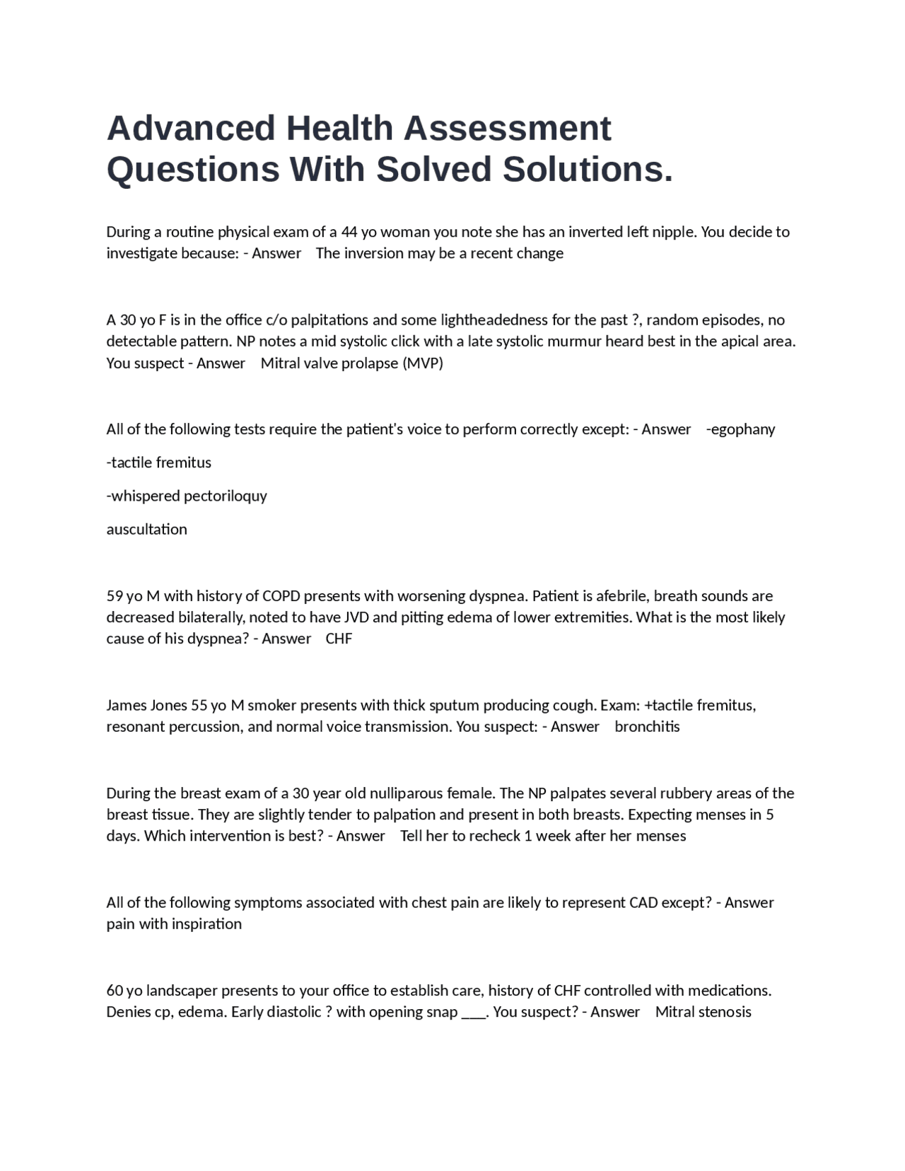 Advanced Health Assessment Questions and Solved Solutions | Exams ...