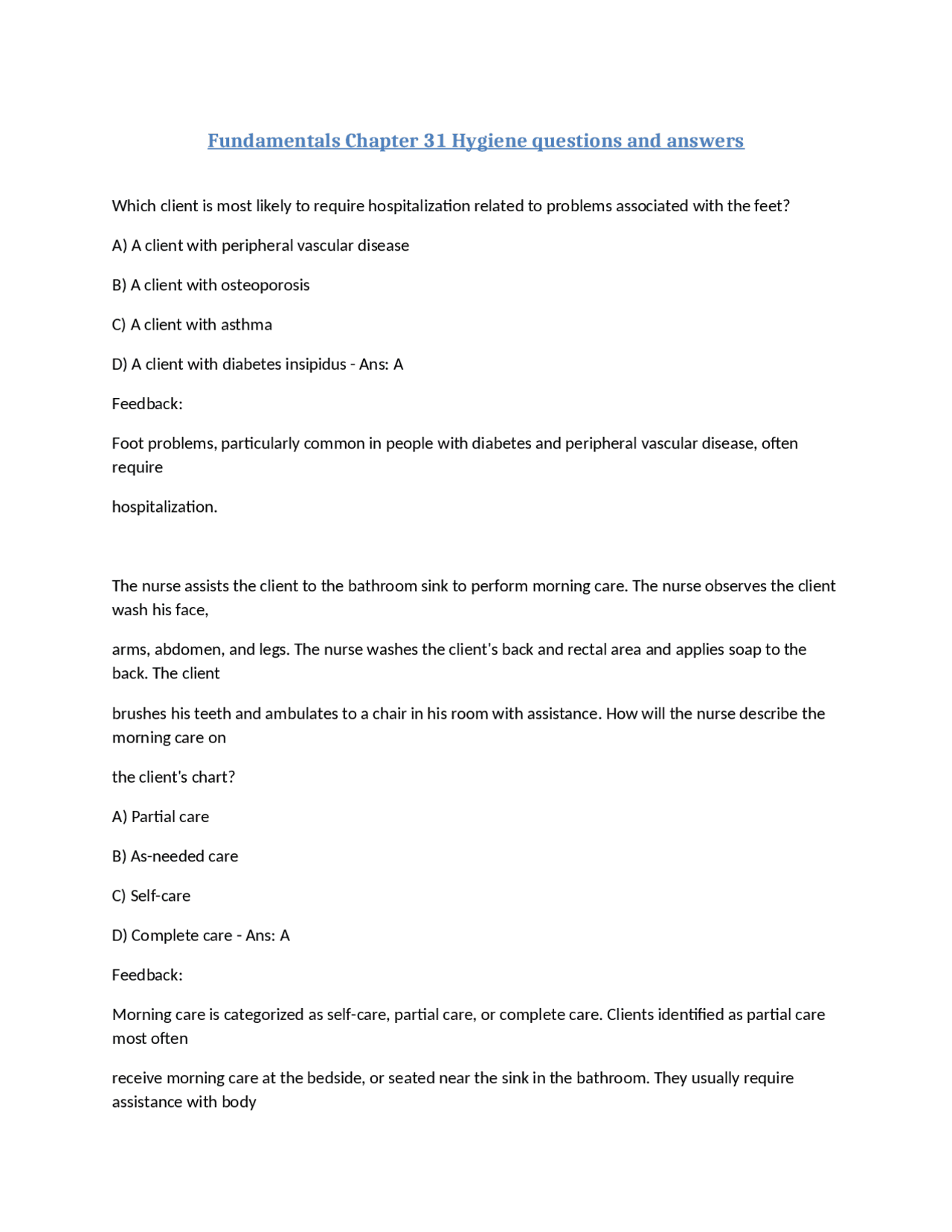 Fundamentals Chapter 31 Hygiene questions and answers | Exams Nursing ...
