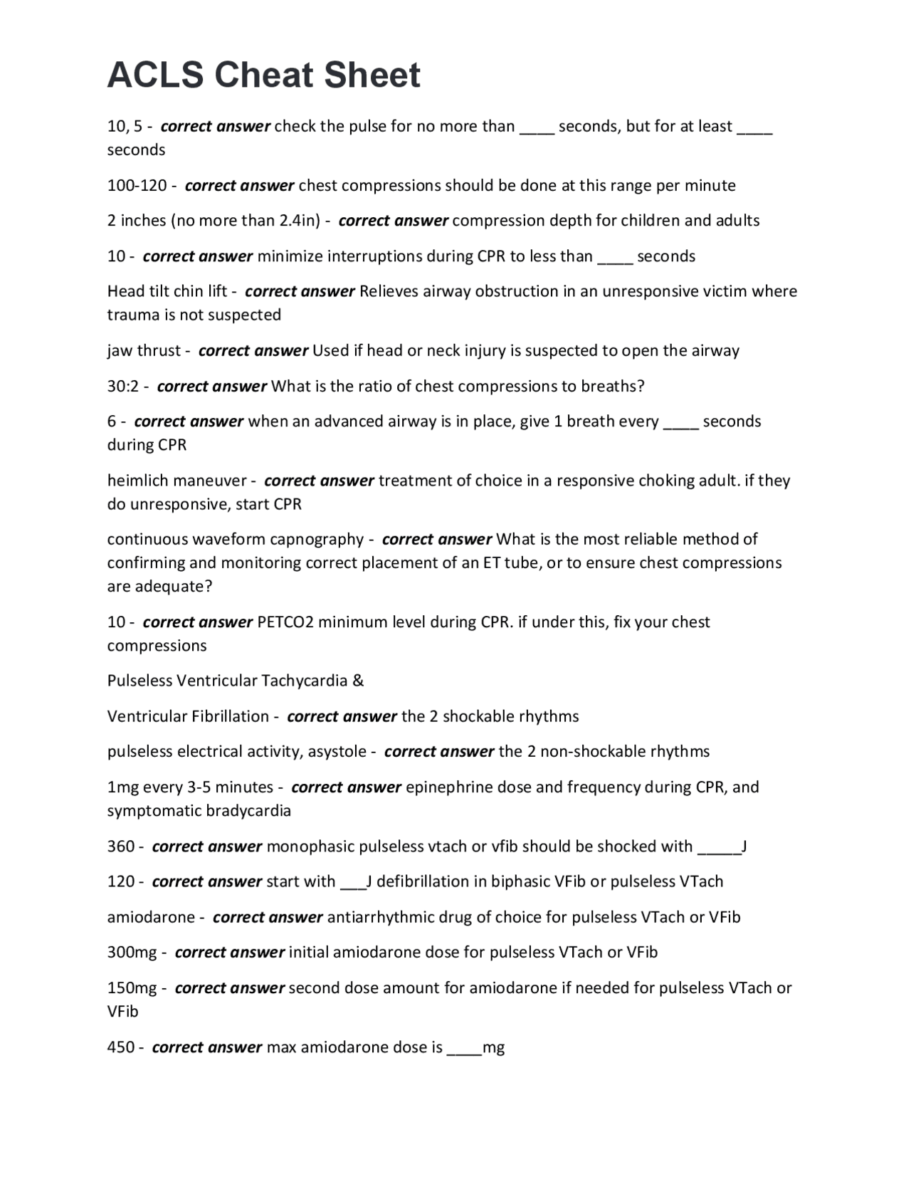 ACLS Cheat Sheet questions with 100% correct answers | Exams Nursing ...