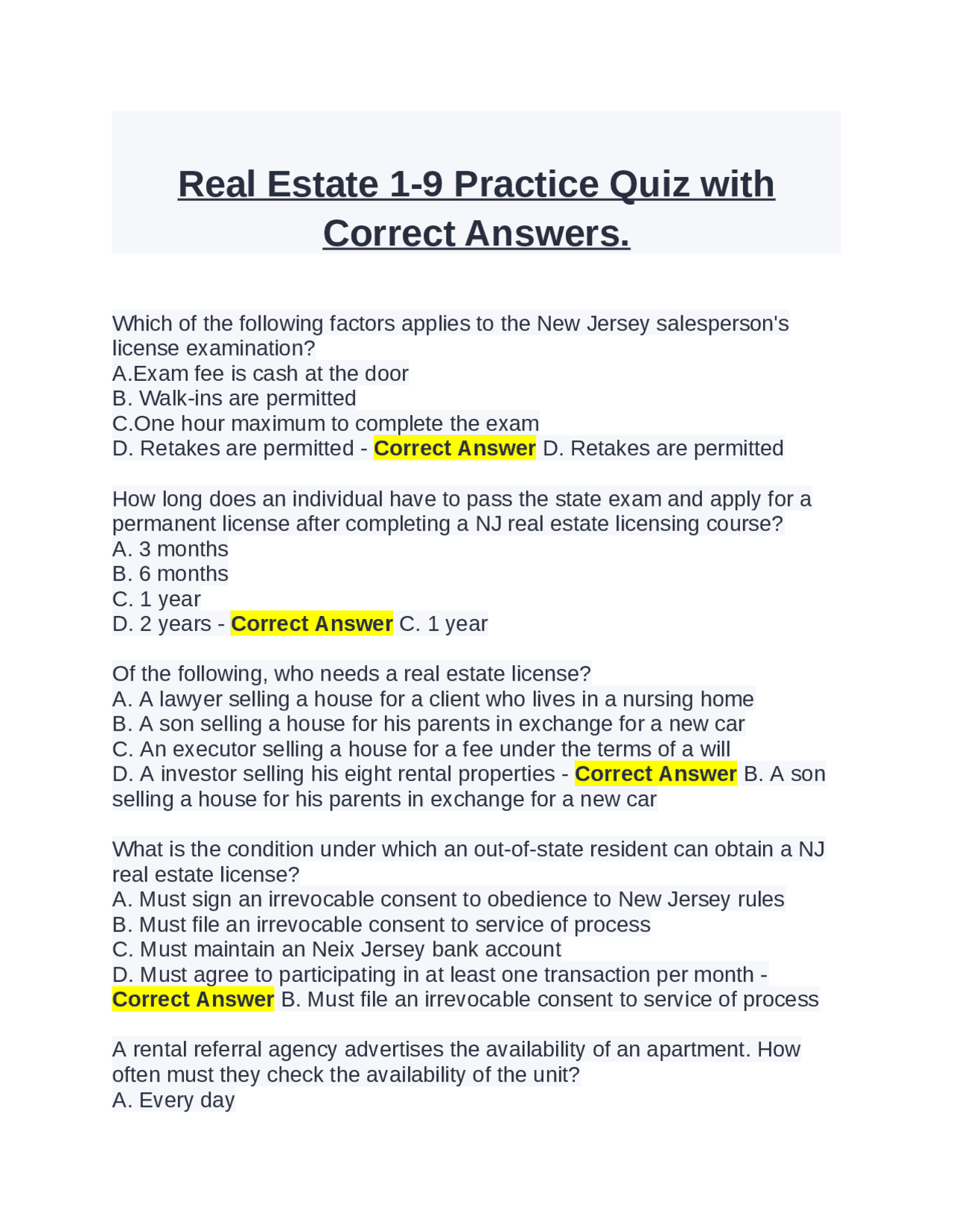 Real Estate 1-9 Practice Quiz with Correct Answers. | Exams Real Estate ...