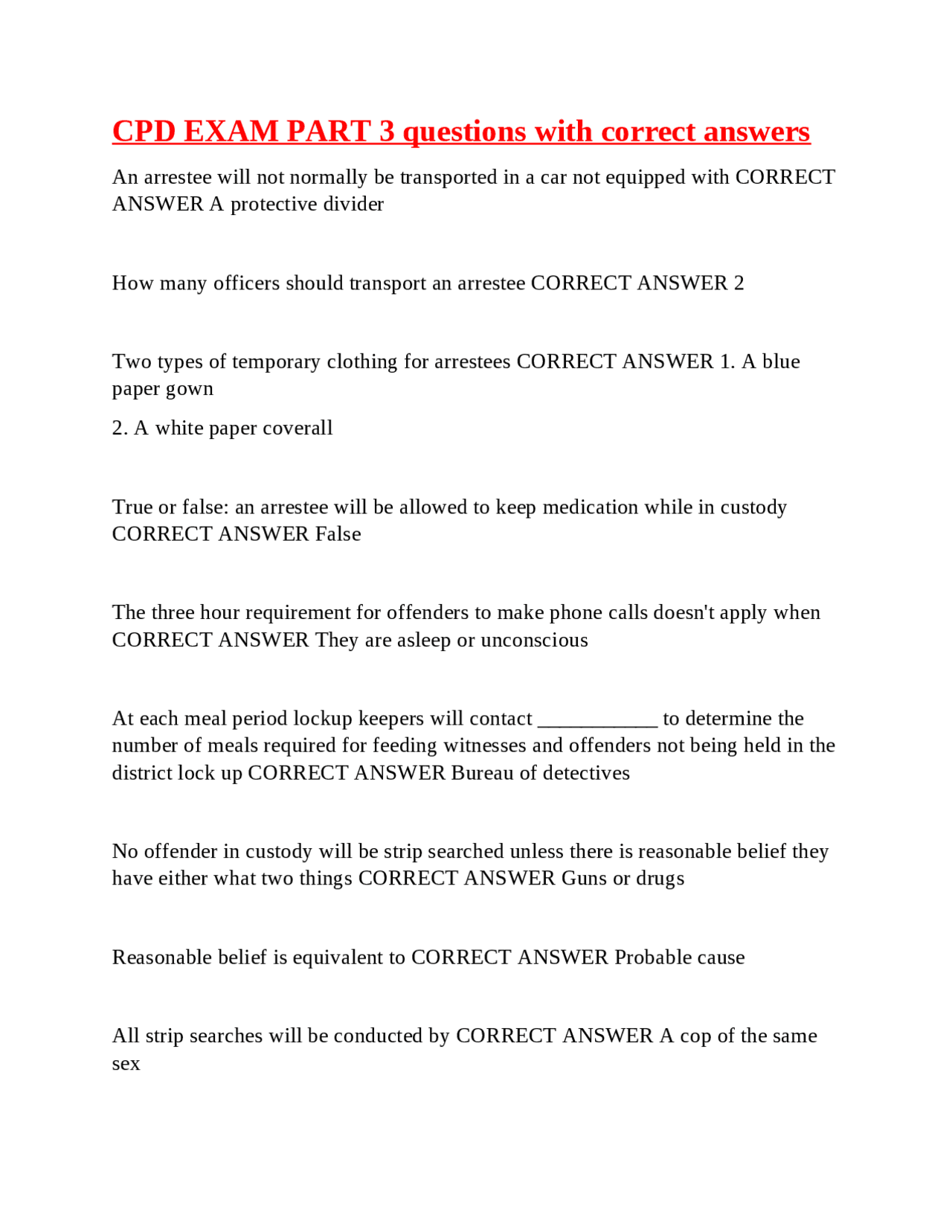 CPD Exam Part 3: Questions and Answers on Arrests, Searches, and ...