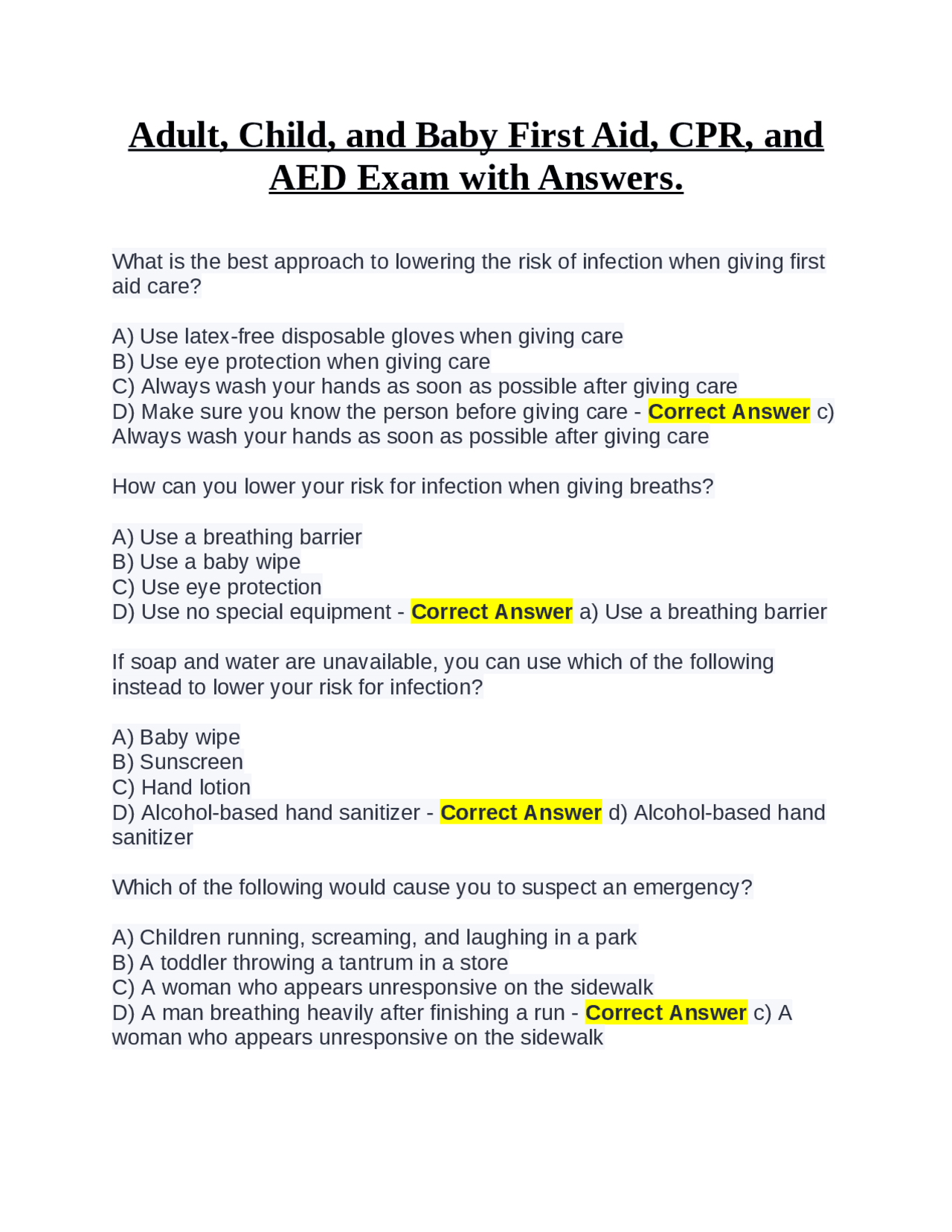 First Aid, CPR, and AED Exam with Answers | Exams Nursing | Docsity