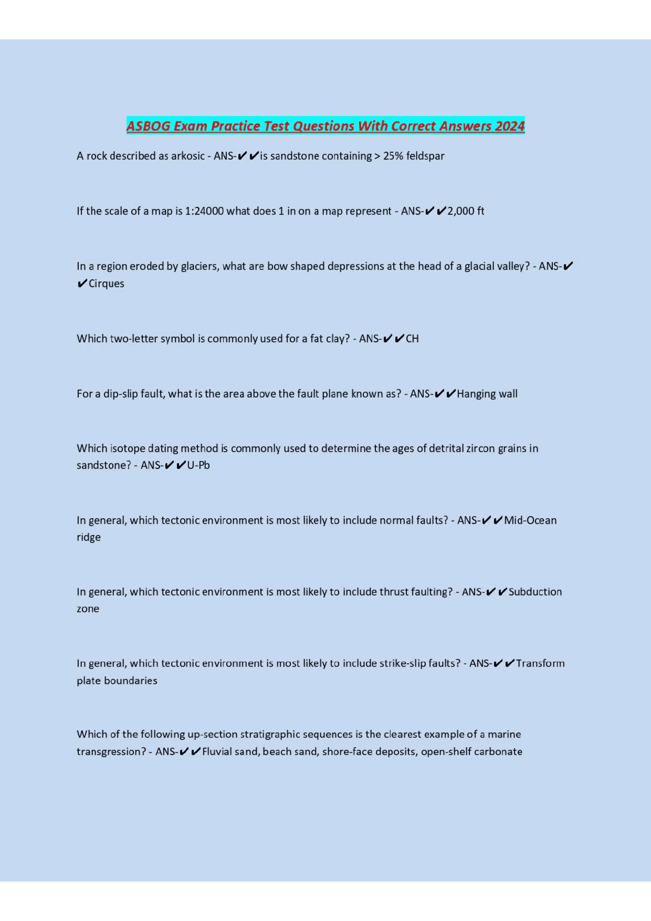 ASBOG Exam Practice Test Questions With Correct Answers 2024 | Exams ...