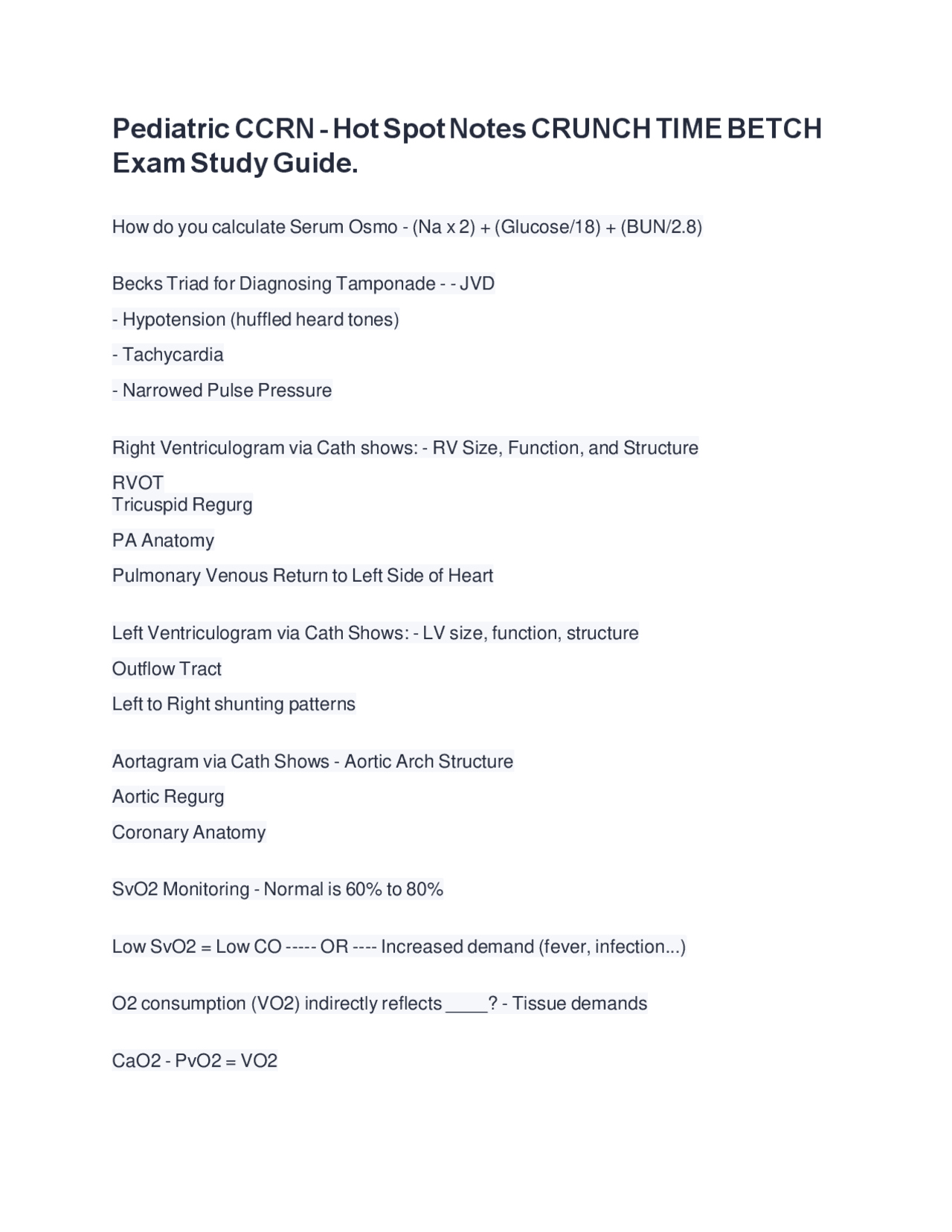 Pediatric CCRN Exam Study Guide: Hot Spot Notes and CRUNCH TIME BETCH ...