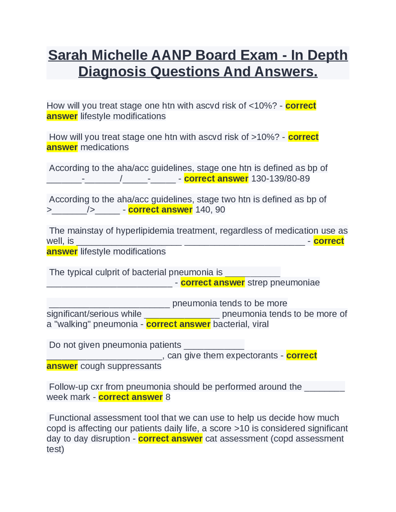 Sarah Michelle AANP Board Exam - In Depth: Diagnosis Questions and ...