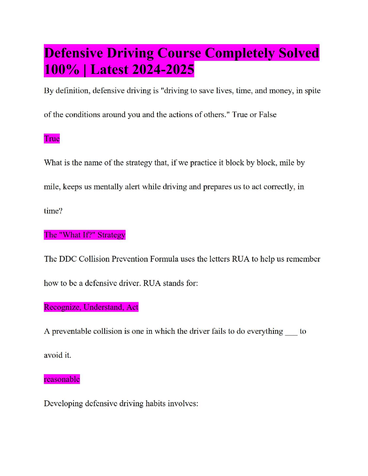 Defensive Driving Course Completely Solved 100% | Latest 2024-2025 ...