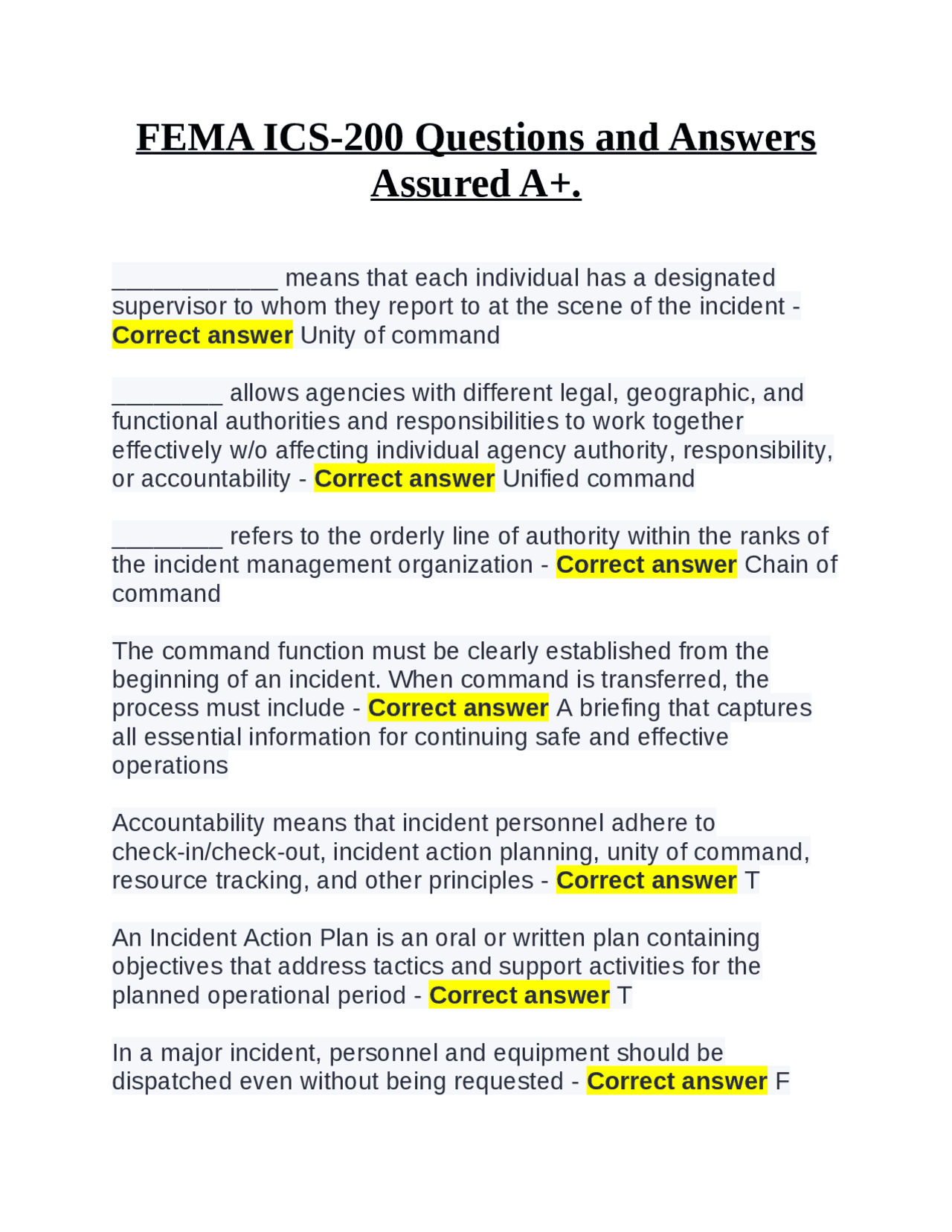 FEMA ICS-200 Questions and Answers: A Comprehensive Guide to Incident ...