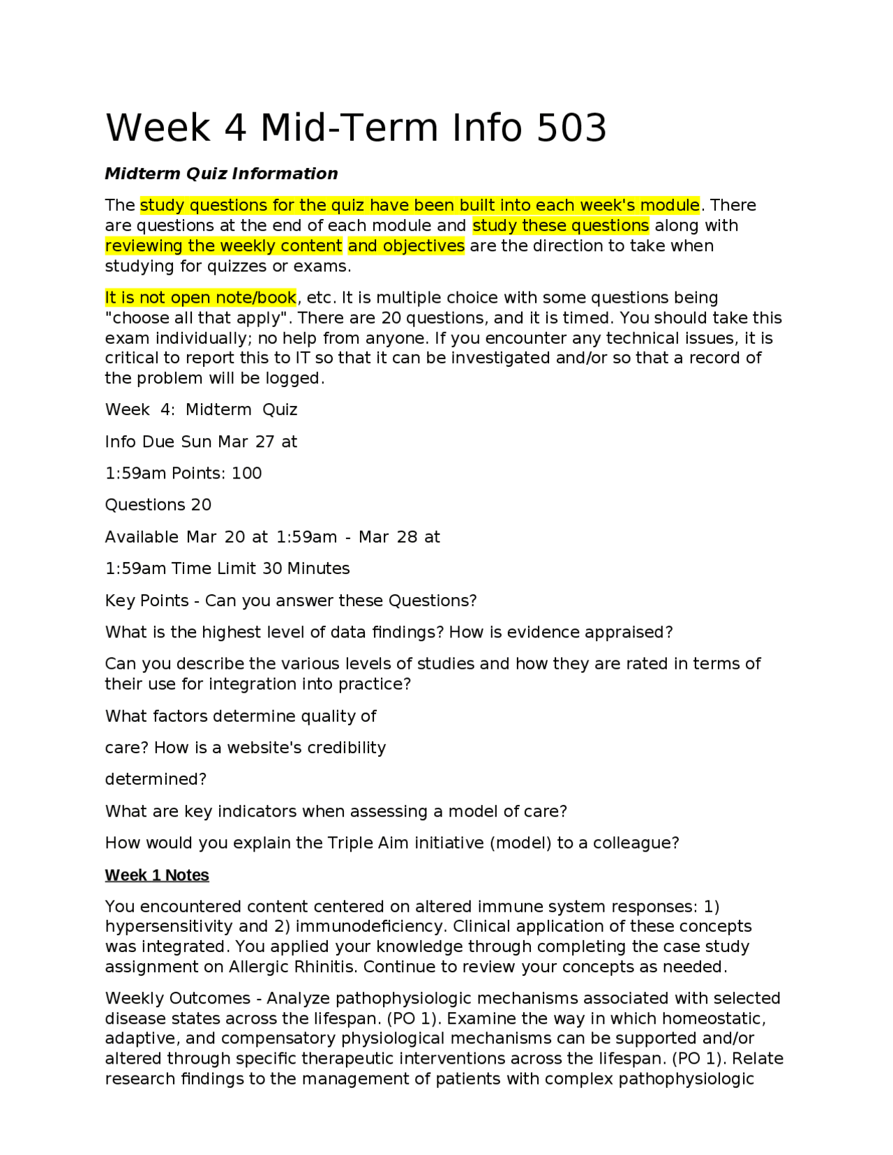 Midterm Quiz Information: Week 4 Notes and Study Guide | Exams Nursing ...