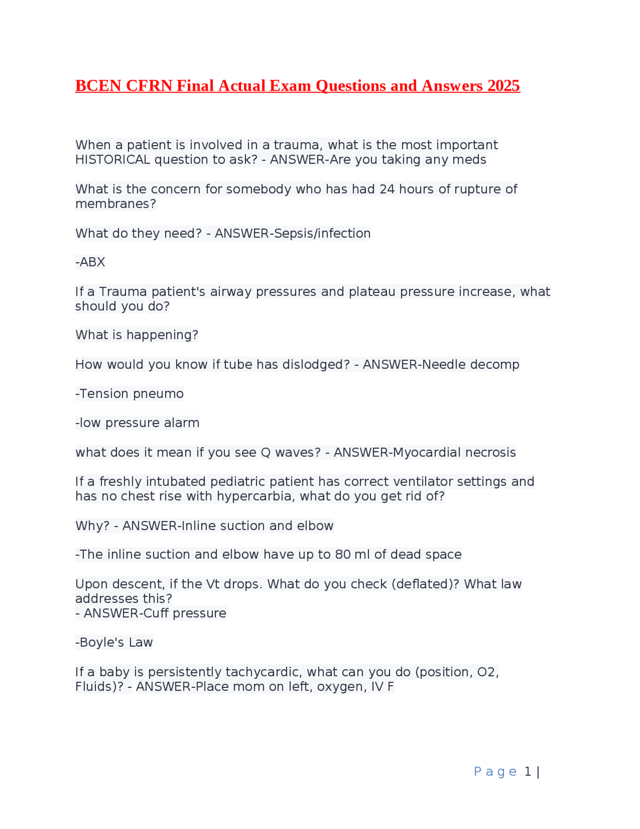 BCEN CFRN Final Actual Exam Questions and Answers 2025 | Exams Nursing ...