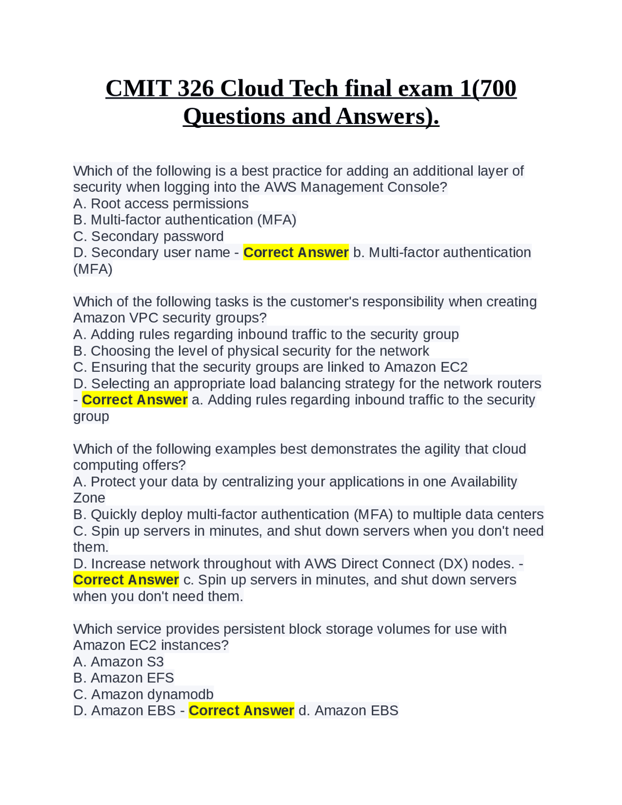 CMIT 326 Cloud Tech Final Exam 1: Questions and Answers | Exams Computers and Information ...