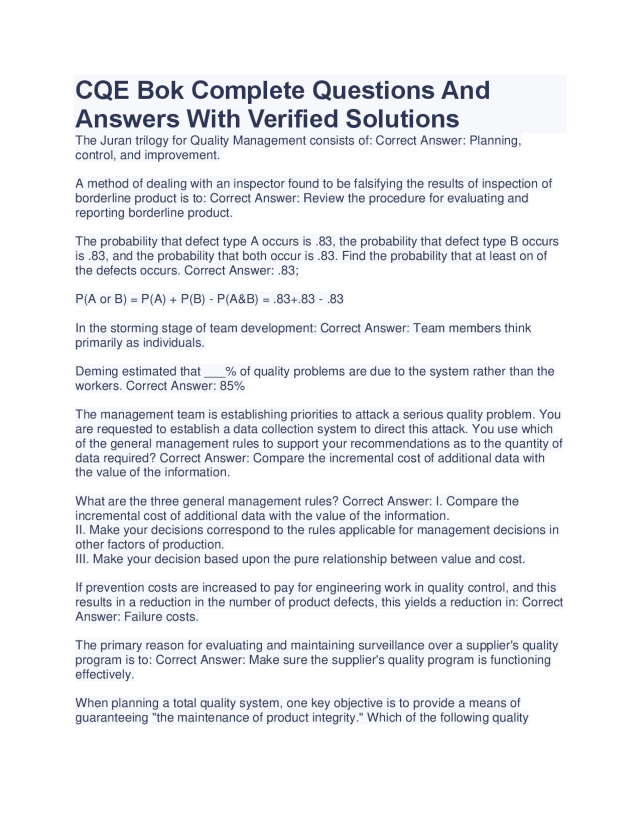 CQE Bok Complete Questions And Answers With Verified Solutions | Exams Computer Science | Docsity