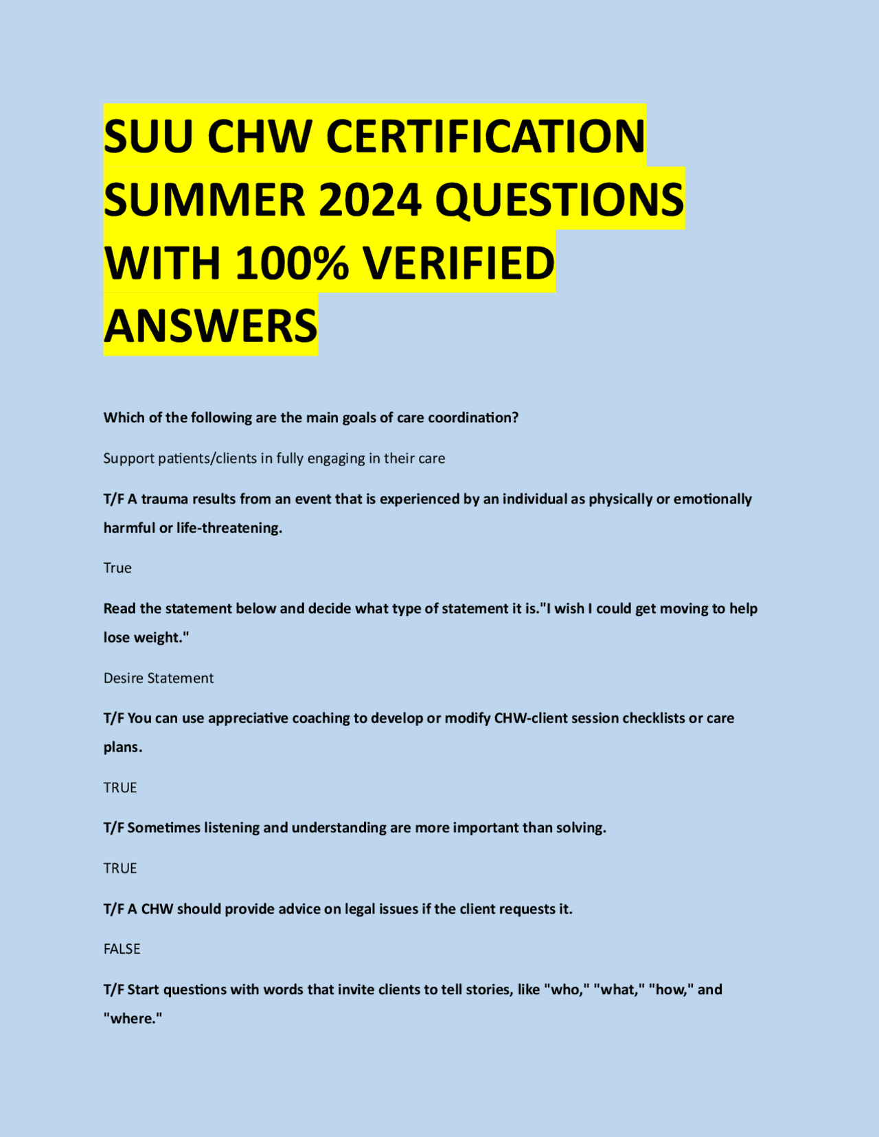 SUU CHW CERTIFICATION SUMMER 2024 QUESTIONS WITH 100% VERIFIED ANSWERS ...