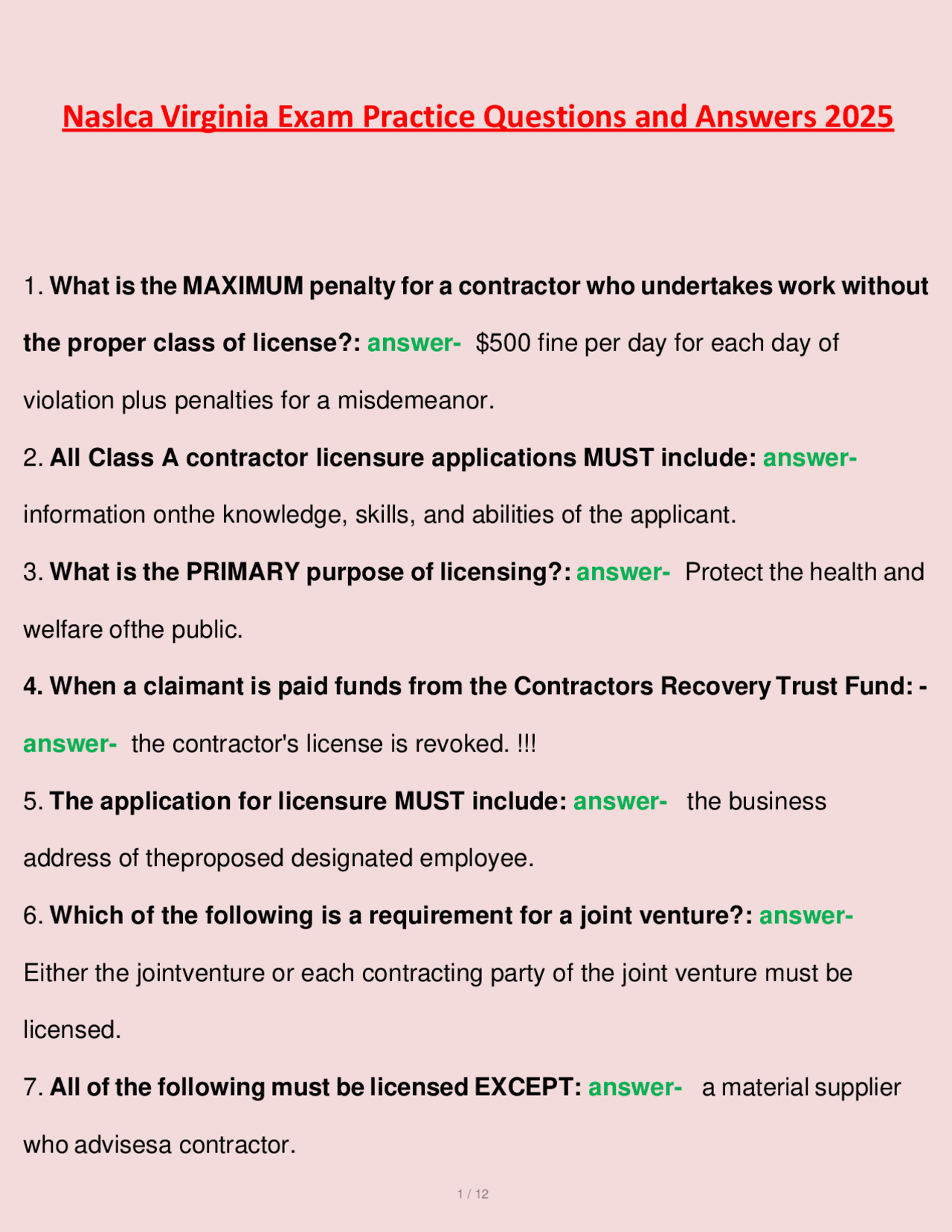 Virginia Contractor Licensing Exam Practice Questions and Answers ...