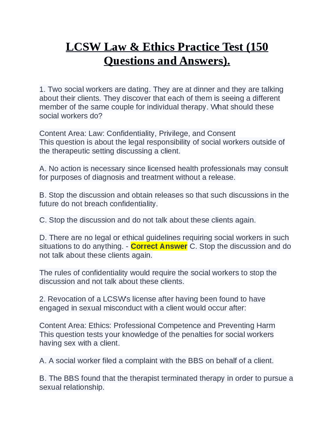 LCSW Law & Ethics Practice Test: 150 Questions and Answers | Exams ...