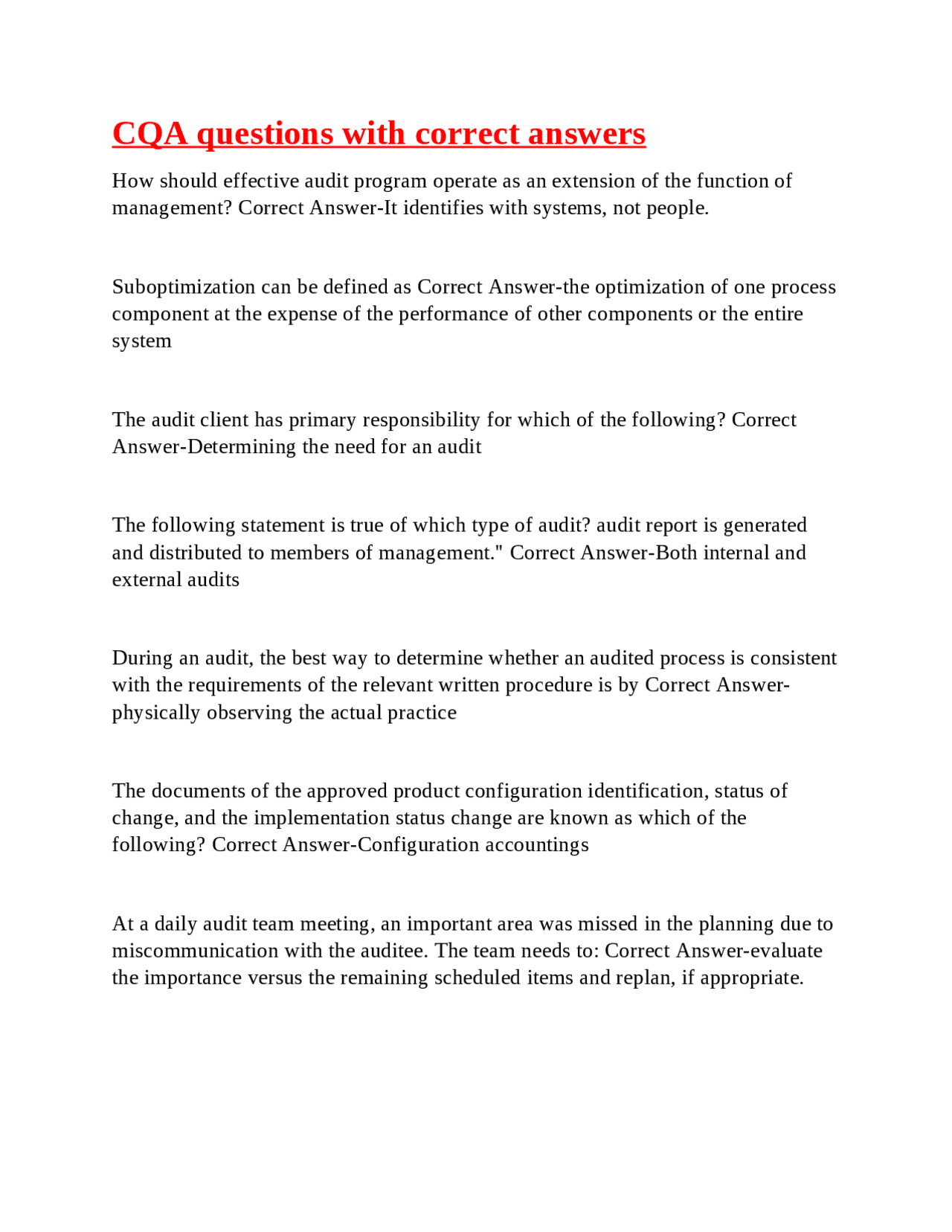 Quality Management Audit Questions and Answers | Exams Auditing | Docsity