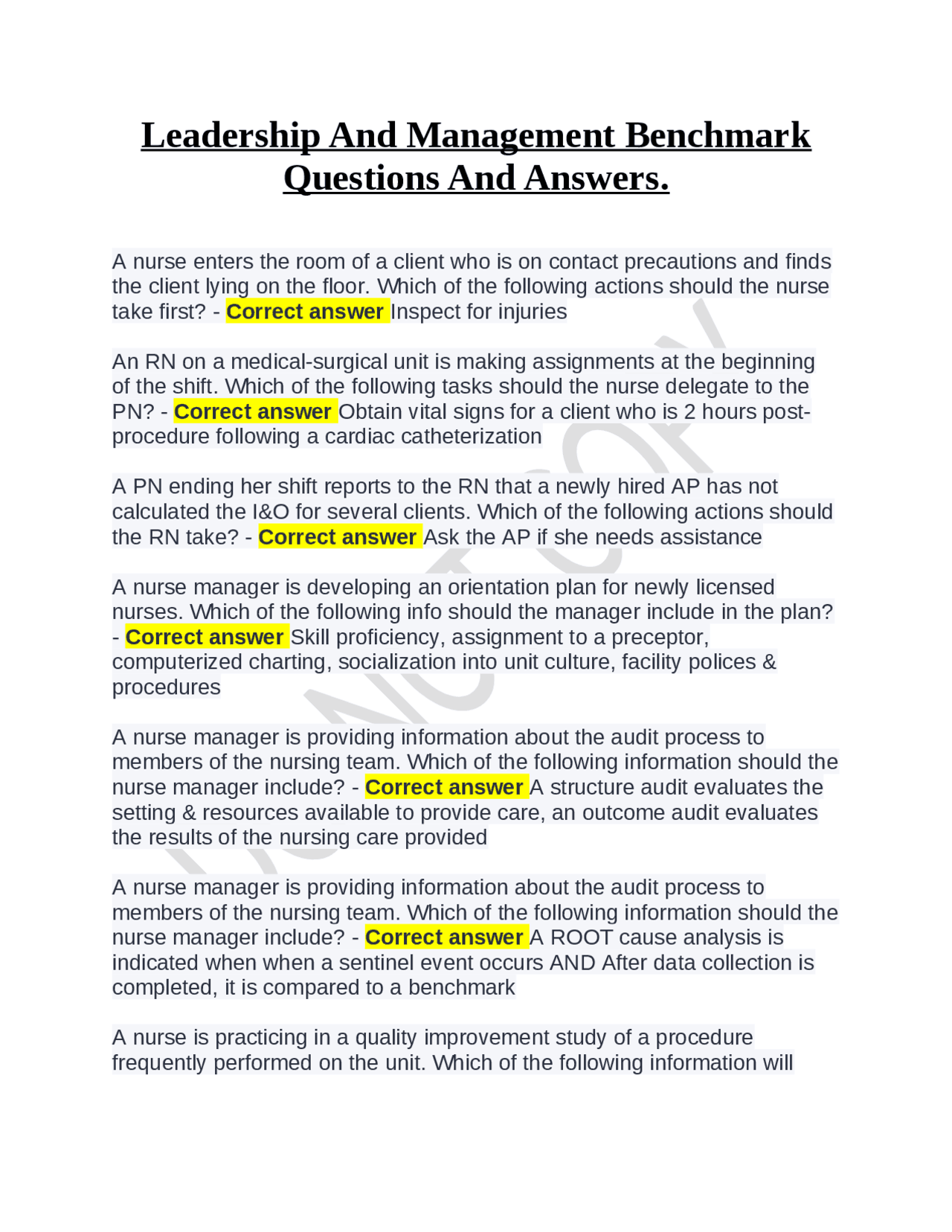 Leadership and Management in Nursing: Benchmark Questions and Answers ...