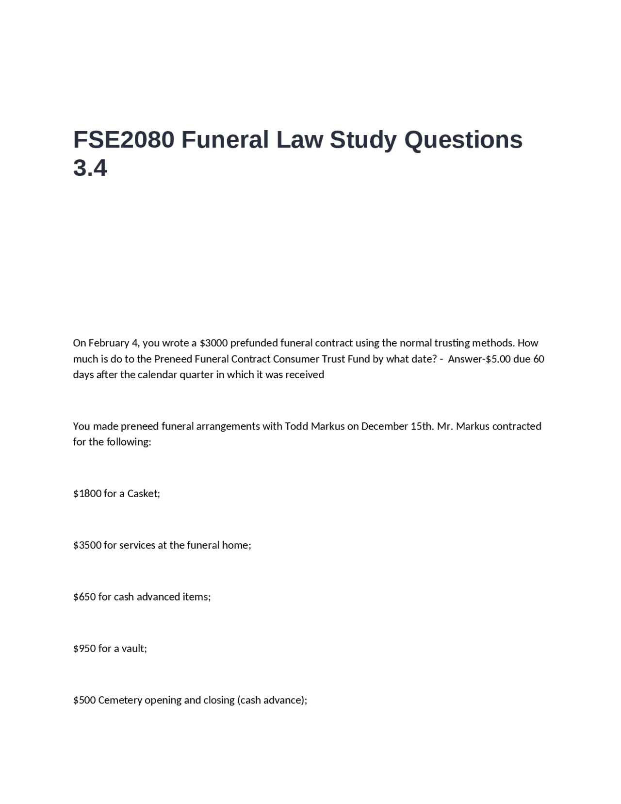Funeral Law Study Questions: FSE2080 | Exams Nursing | Docsity
