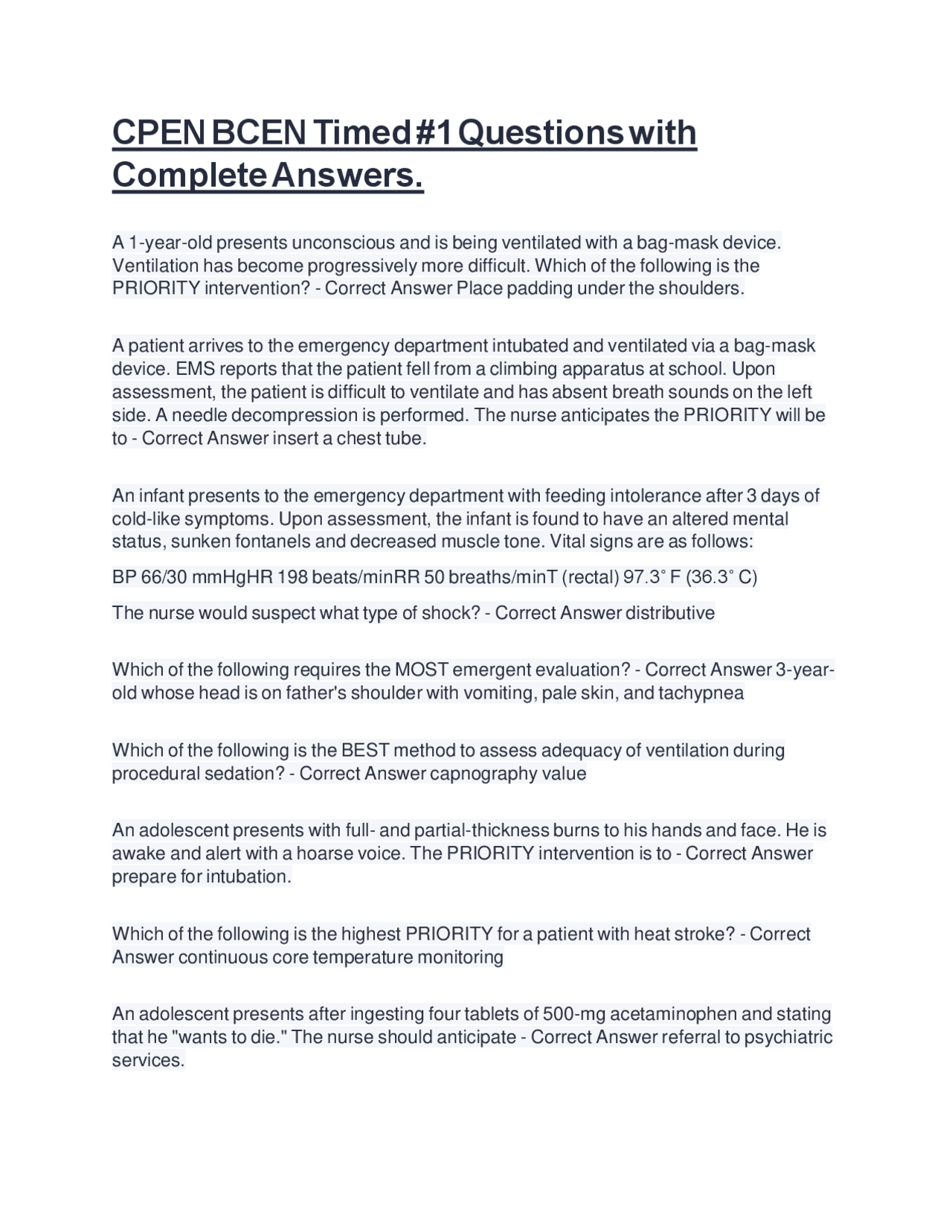 CPEN BCEN Timed #1 Questions with Complete Answers: Pediatric Emergency ...