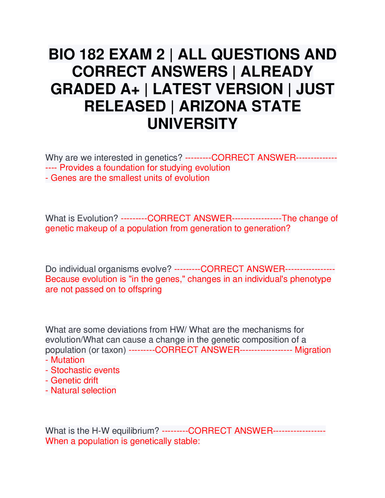 BIO 182 Exam 2: Genetics and Evolution - Questions and Answers | Exams ...