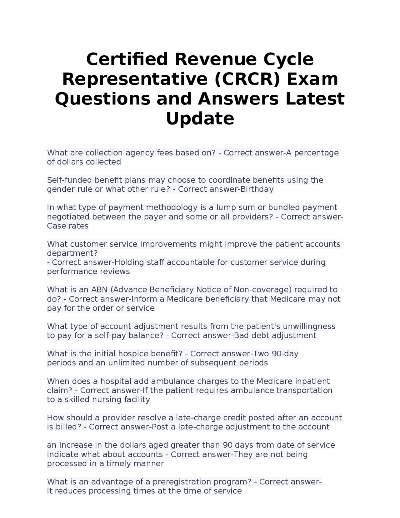 Certified Revenue Cycle Representative (CRCR) Exam Questions and Answers | Exams Accounting ...