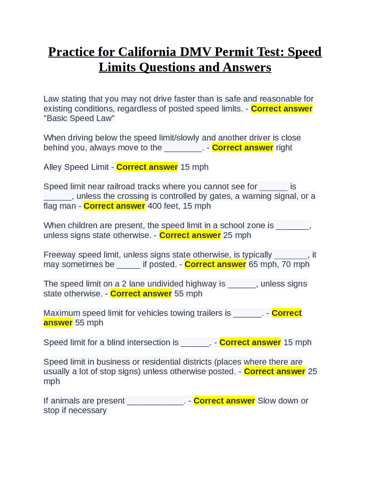 California DMV Permit Test Practice: Speed Limits | Exams Civil ...