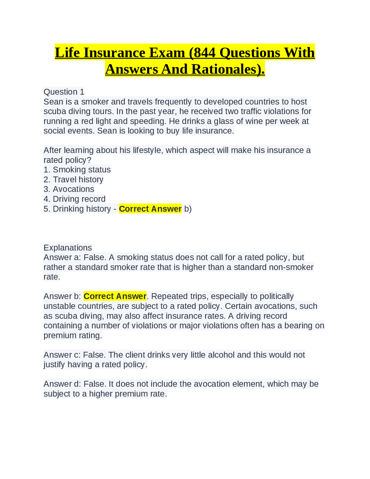 Life Insurance Exam Questions and Answers | Exams Insurance law | Docsity