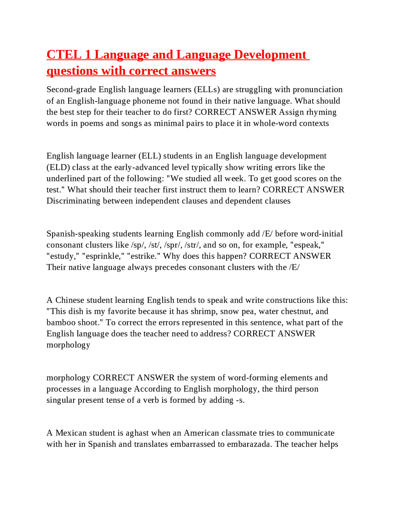 CTEL 1 Language and Language Development: Practice Questions and Answers | Exams English ...