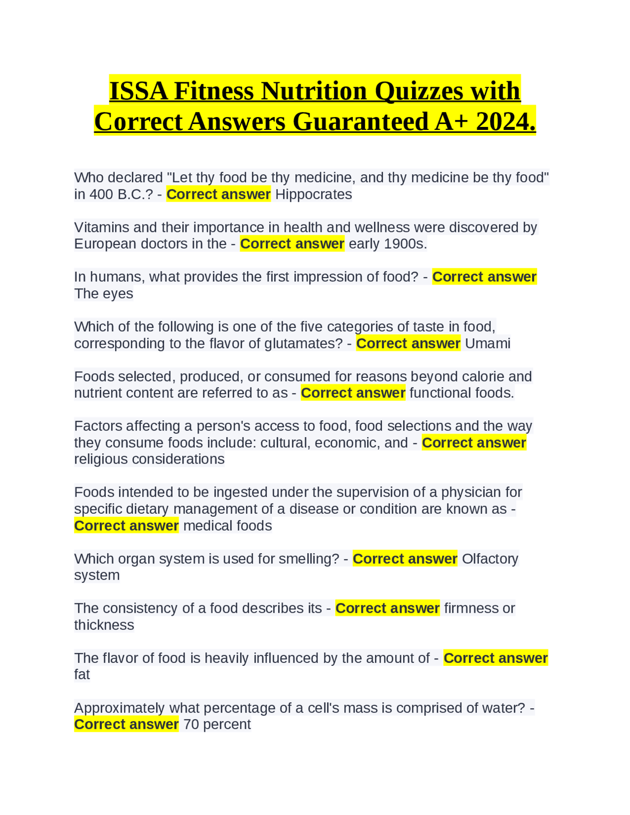 ISSA Fitness Nutrition Quizzes with Correct Answers Guaranteed A+ 2024 ...