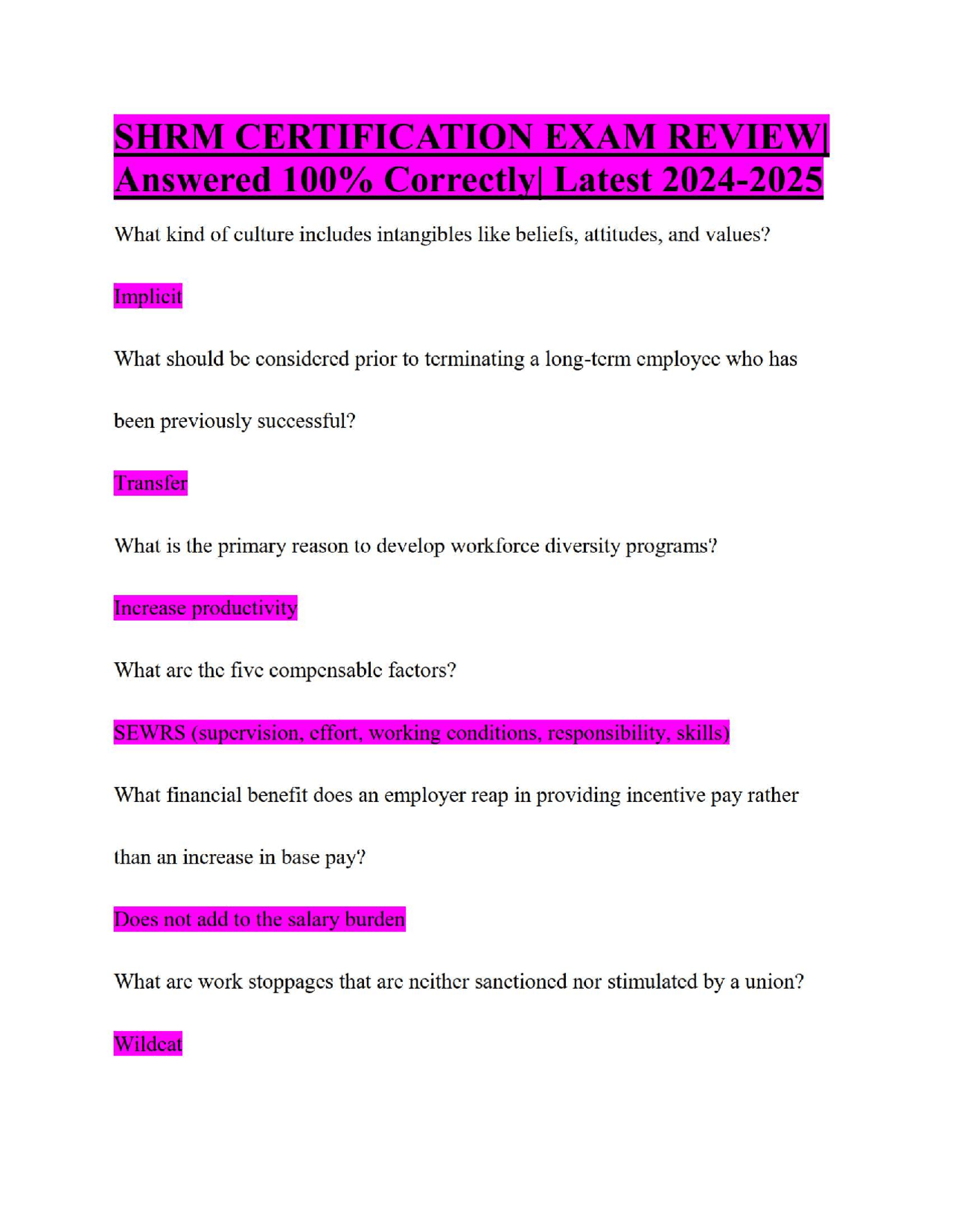 SHRM CERTIFICATION EXAM REVIEW| Answered 100% Correctly| Latest 2024 ...