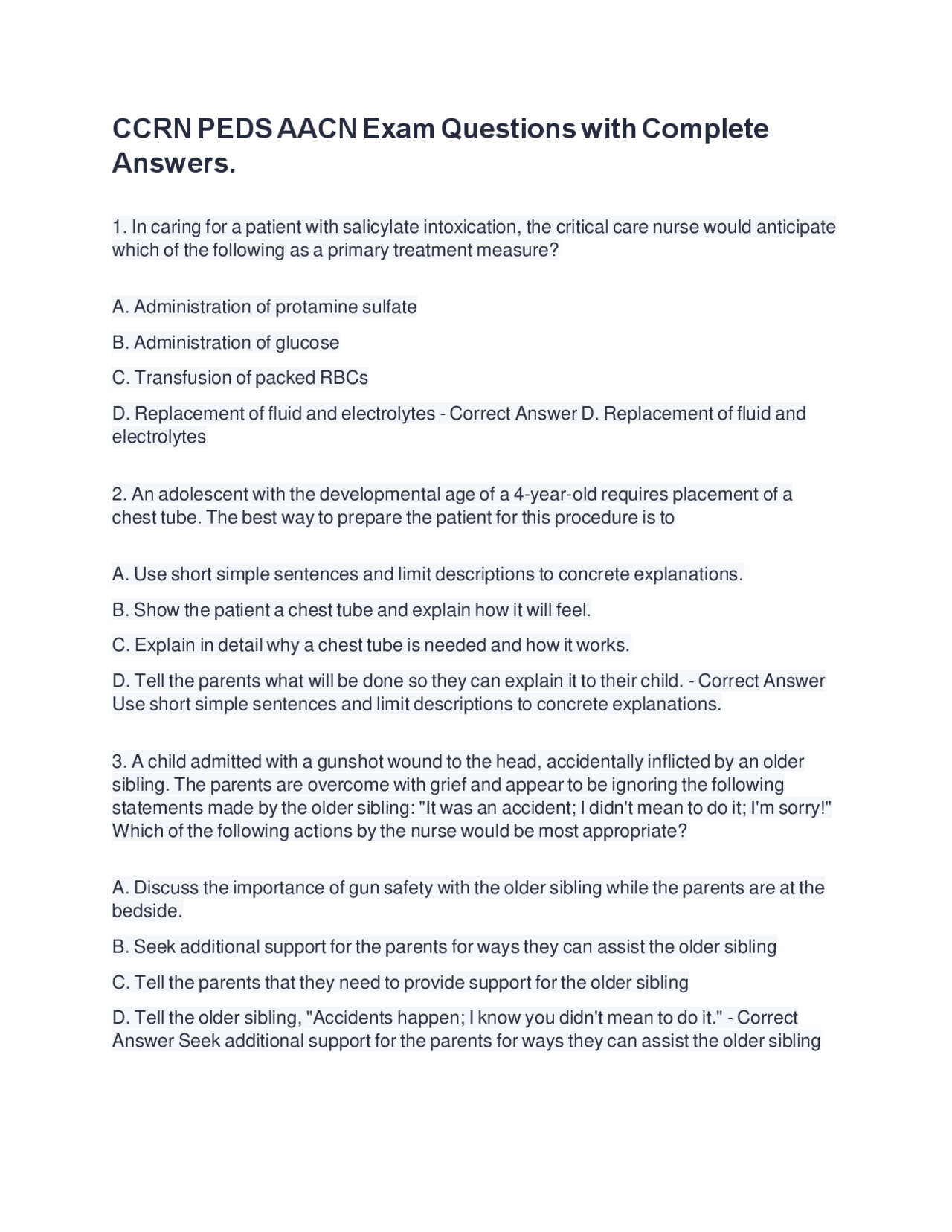 CCRN PEDS AACN Exam Questions with Complete Answers. | Exams Health ...