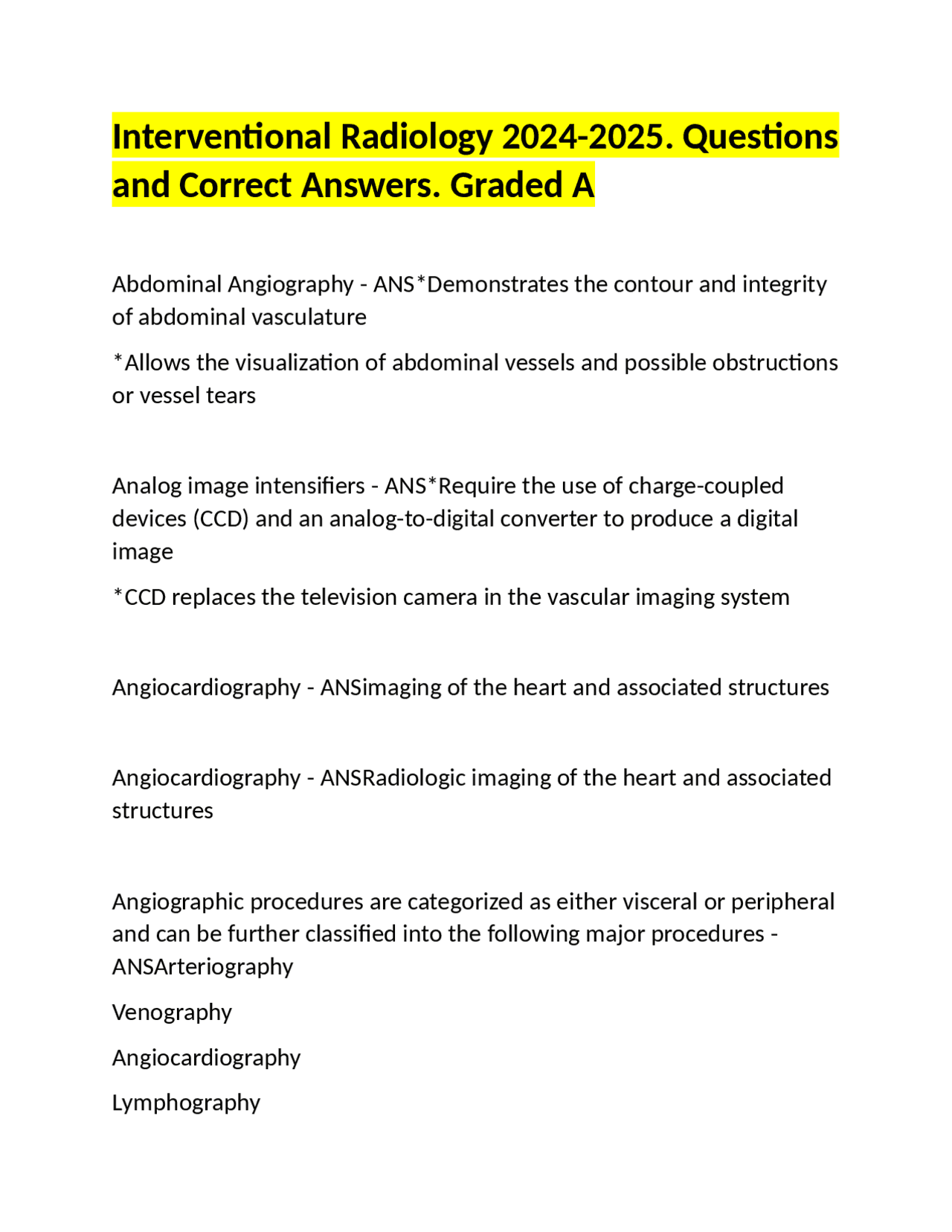 Interventional Radiology 2024-2025. Questions and Correct Answers ...