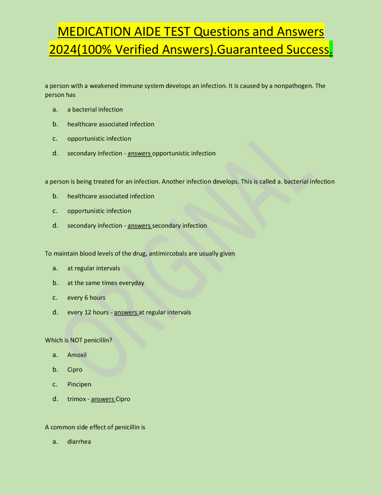 Medication Aide Test Questions and Answers | Exams Public Health | Docsity