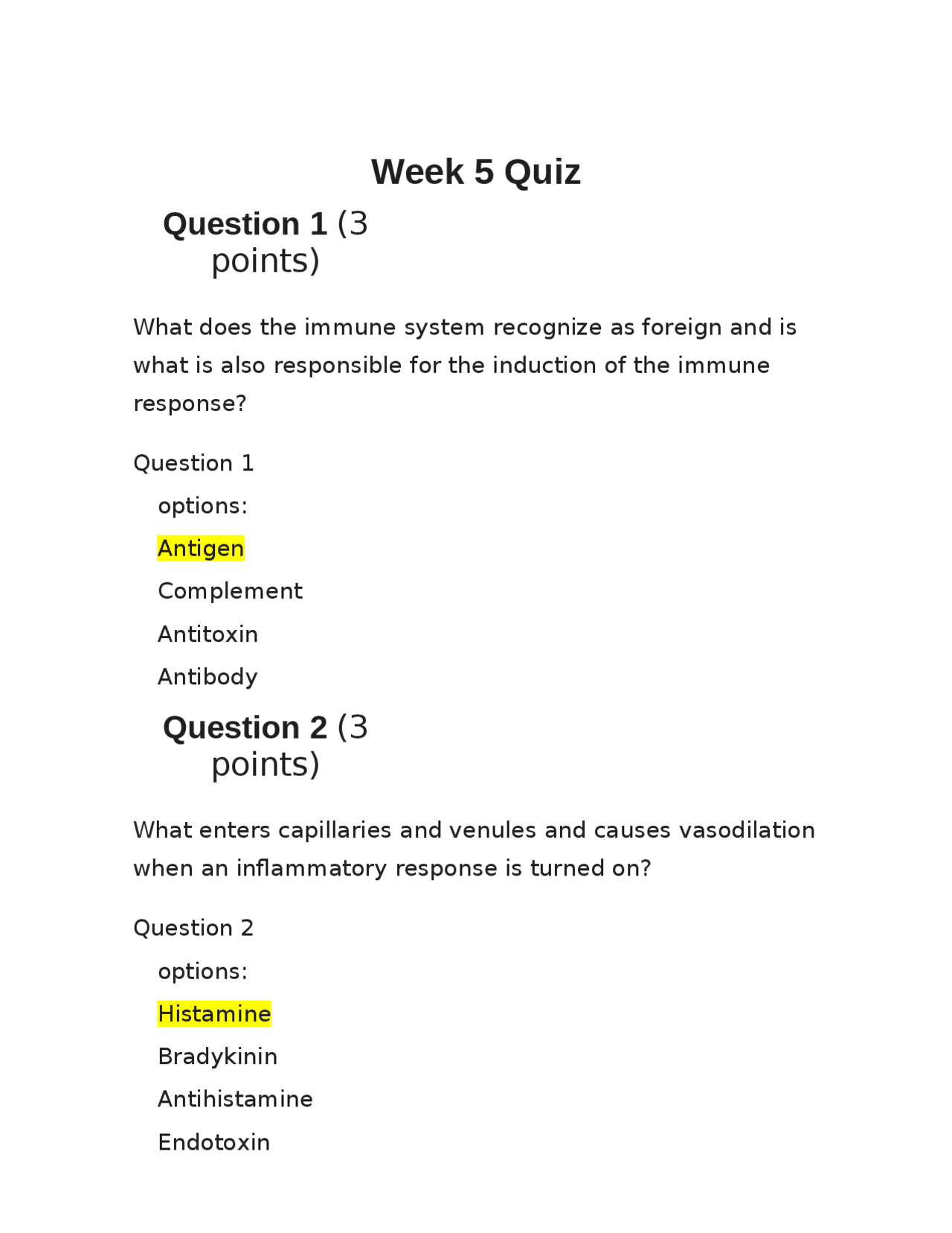 Immune System Quiz: Week 5 | Quizzes Biology | Docsity