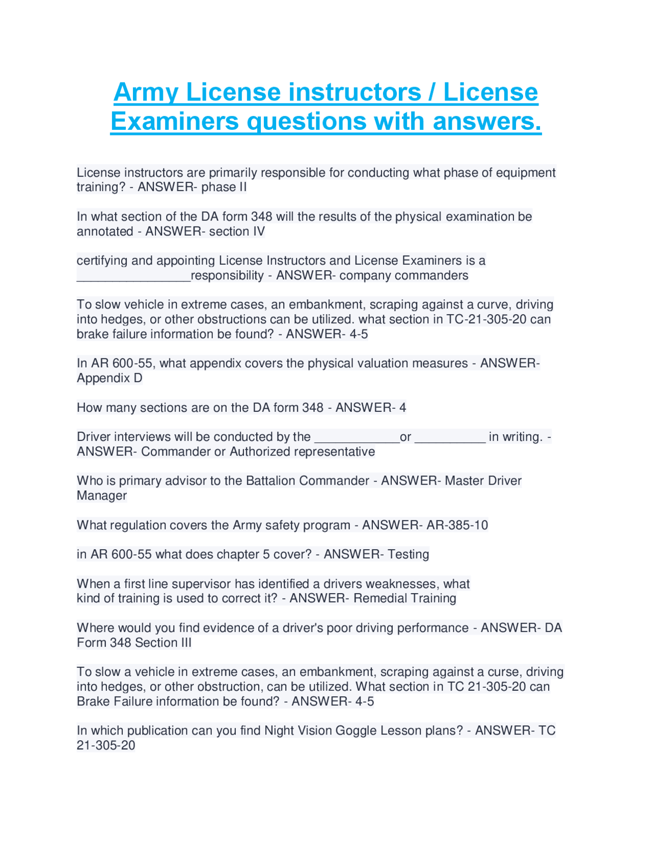 Army Driver License Exam Questions and Answers | Exams Nursing | Docsity