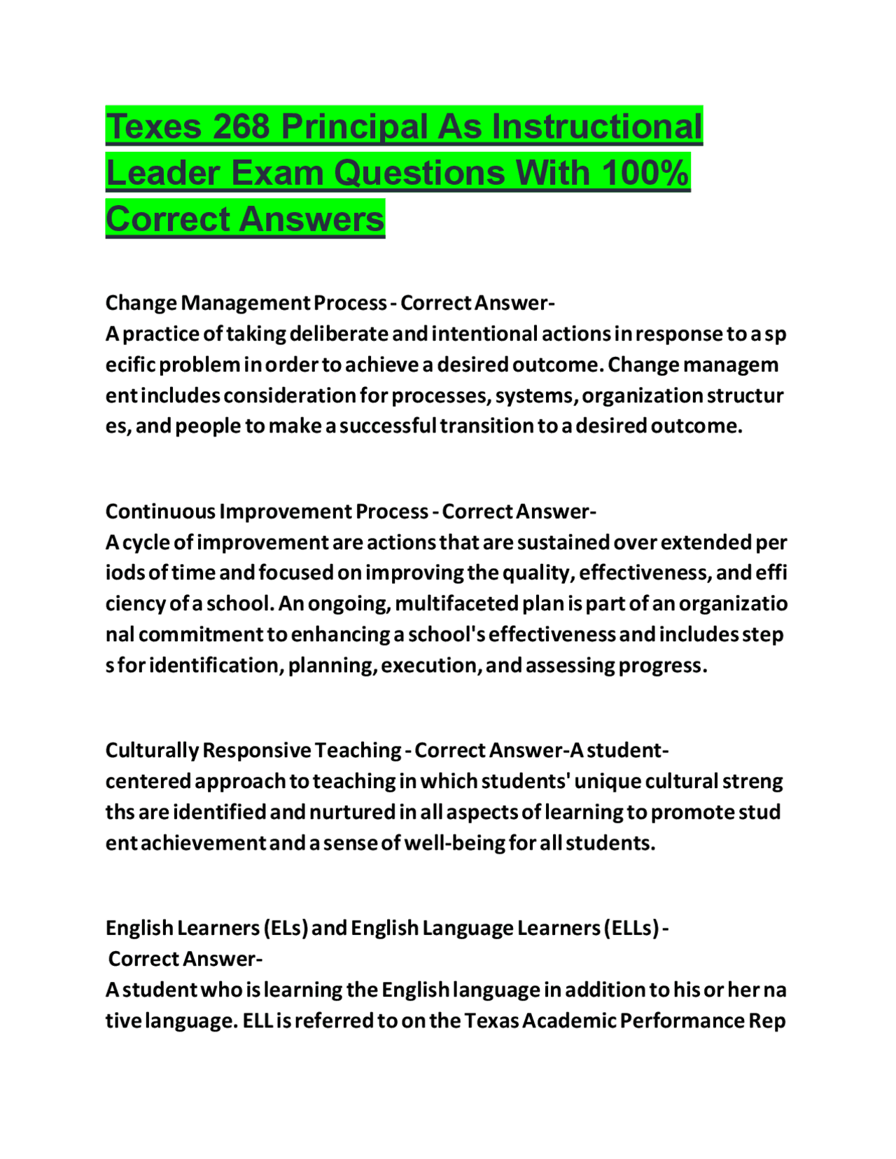 Texas 268 Principal As Instructional Leader Exam Questions and Answers ...