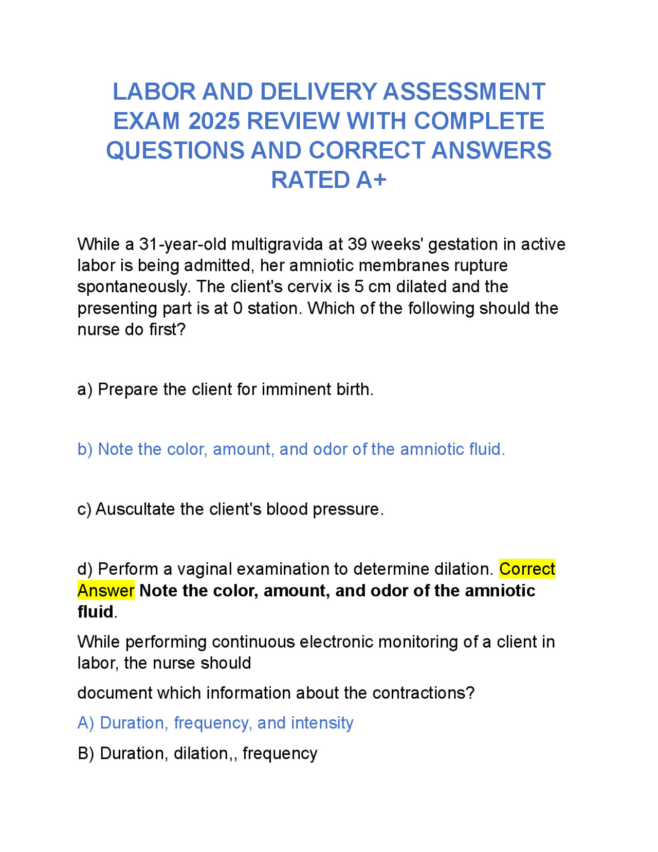 Labor and Delivery Assessment Exam 2025 Review with Complete Questions ...