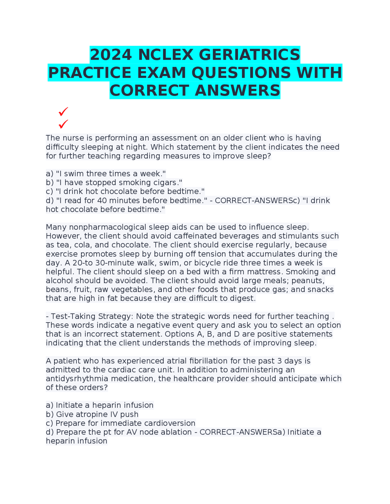 2024 NCLEX GERIATRICS PRACTICE EXAM QUESTIONS WITH CORRECT ANSWERS ...