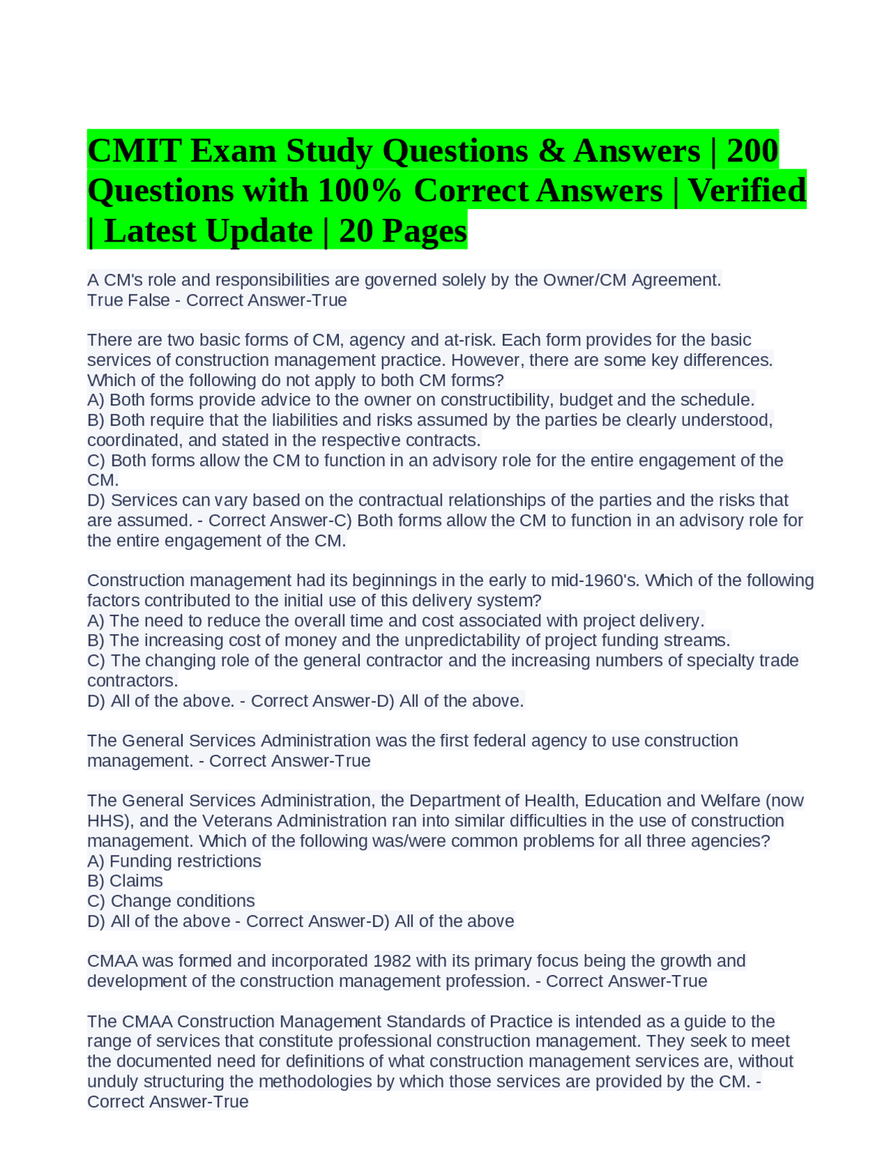 CMIT Exam Study Questions & Answers | 200 Questions with 100% Correct Answers | Verified | Exams ...