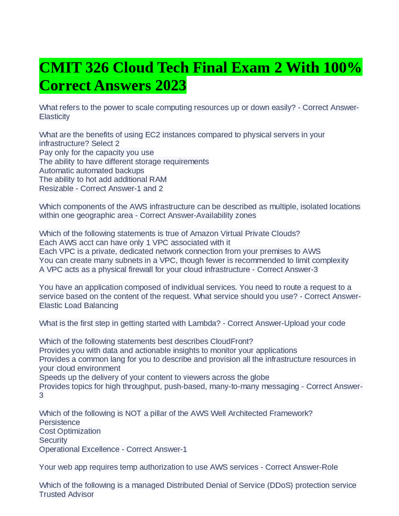 CMIT 326 Cloud Tech Final Exam 2 With 100% Correct Answers 2023 | Exams ...