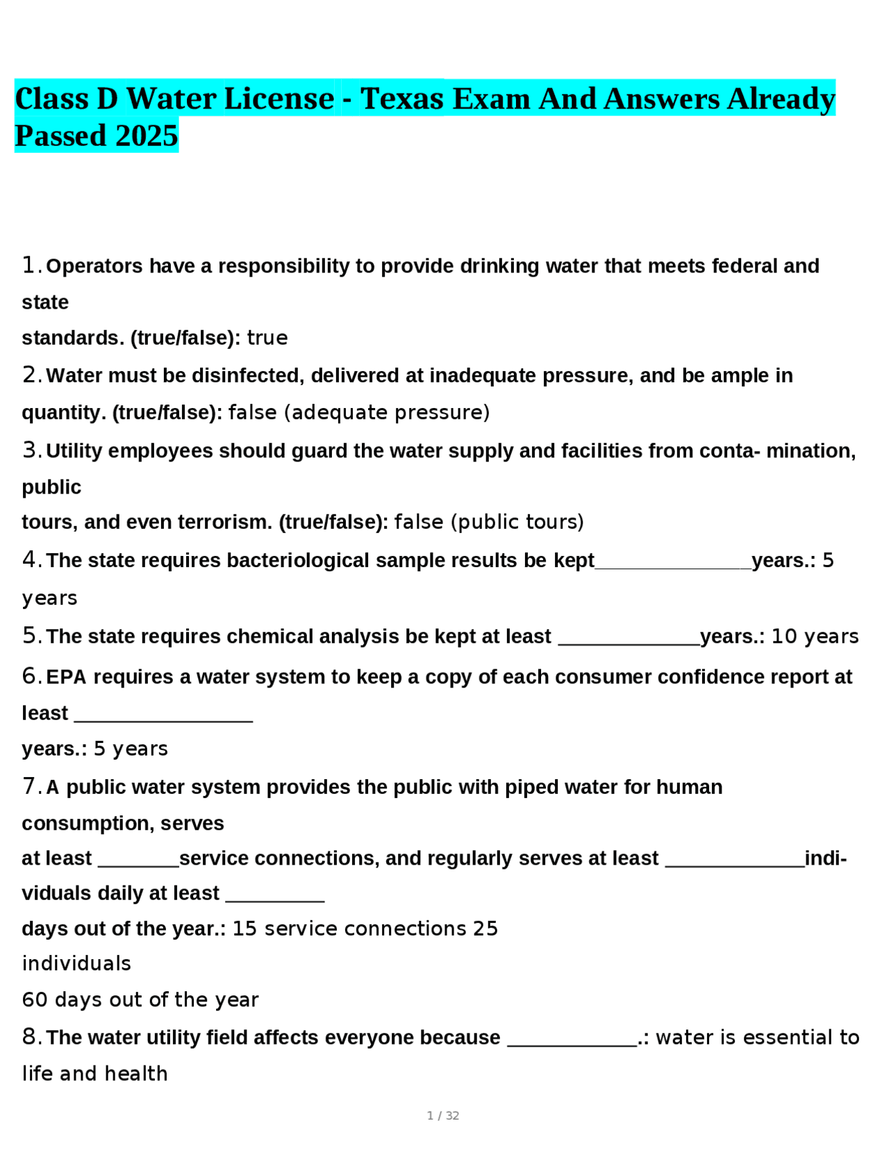 Texas Class D Water License Exam and Answers | Exams Water Resources ...