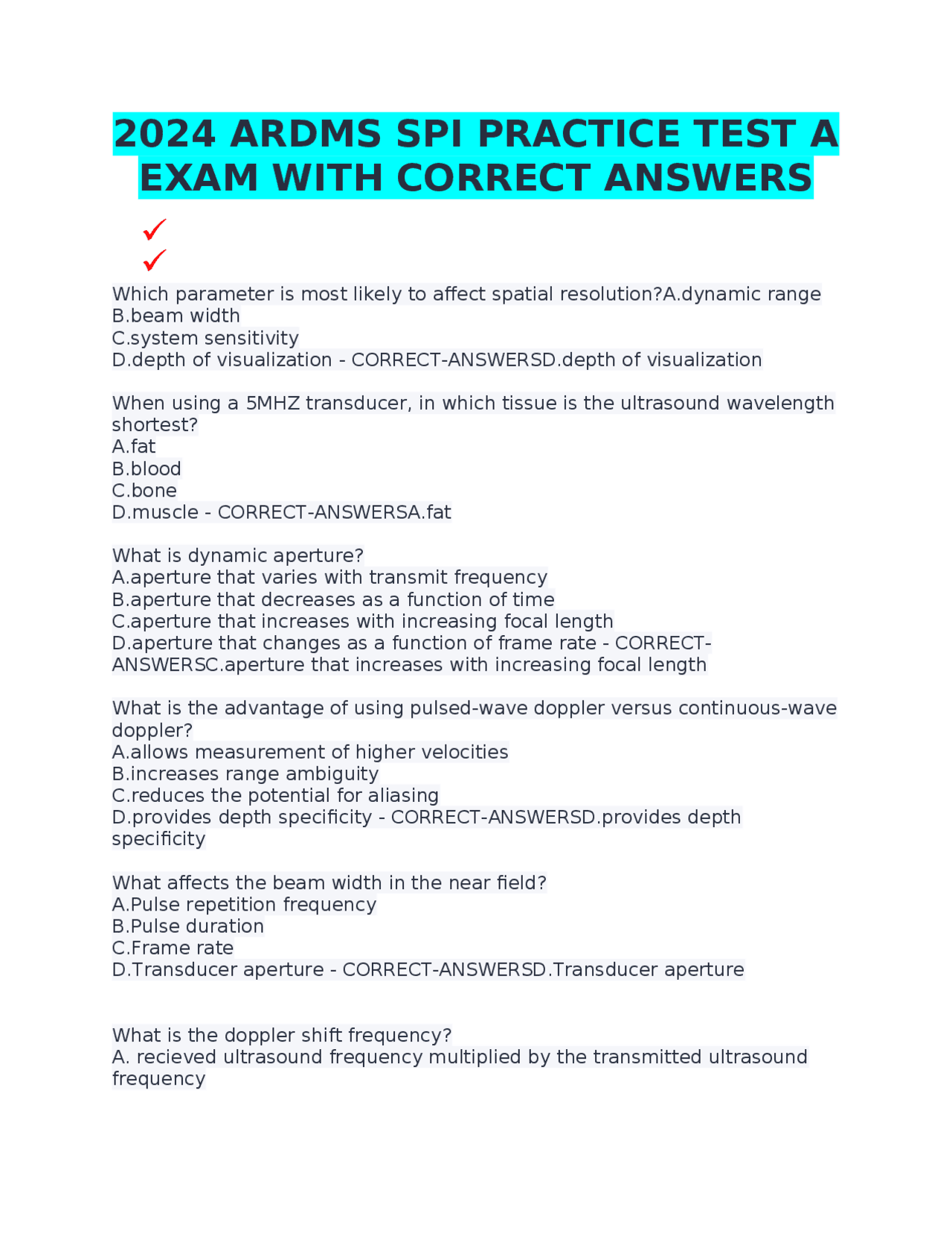2024 ARDMS SPI PRACTICE TEST A EXAM WITH CORRECT ANSWERS | Exams ...