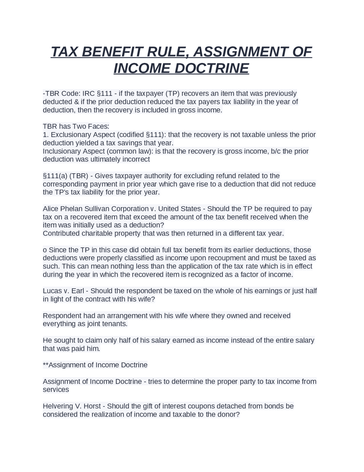 Tax Benefit Rule and Assignment of Income Doctrine: A Legal Analysis ...