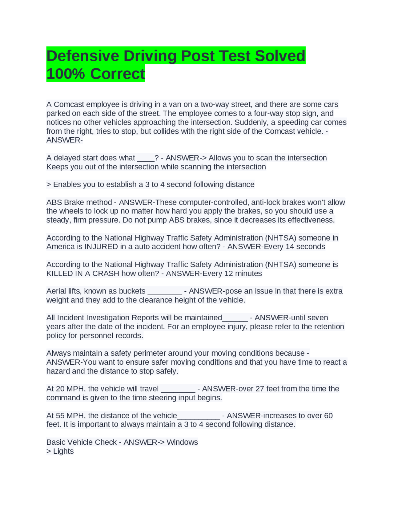 Defensive Driving Post Test Solved: A Comprehensive Guide for Comcast ...